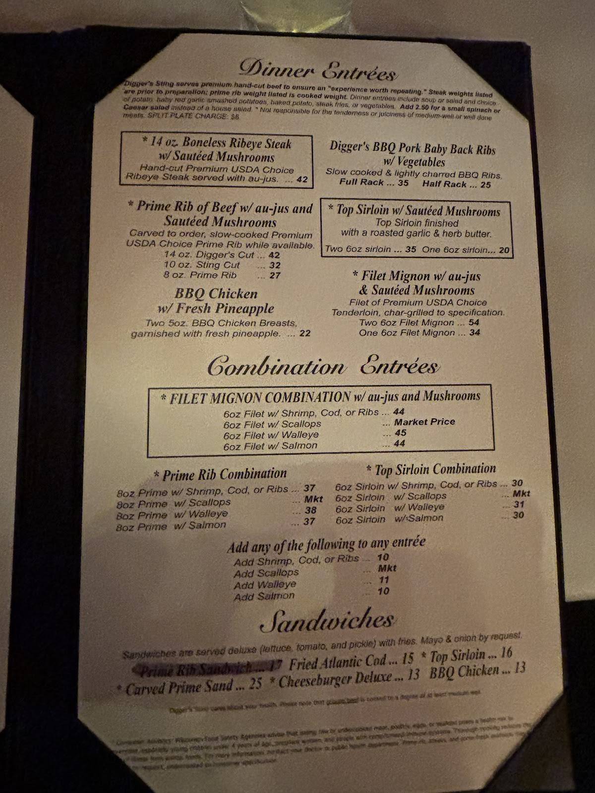 Menu at Digger's Sting Restaurant, La Crosse