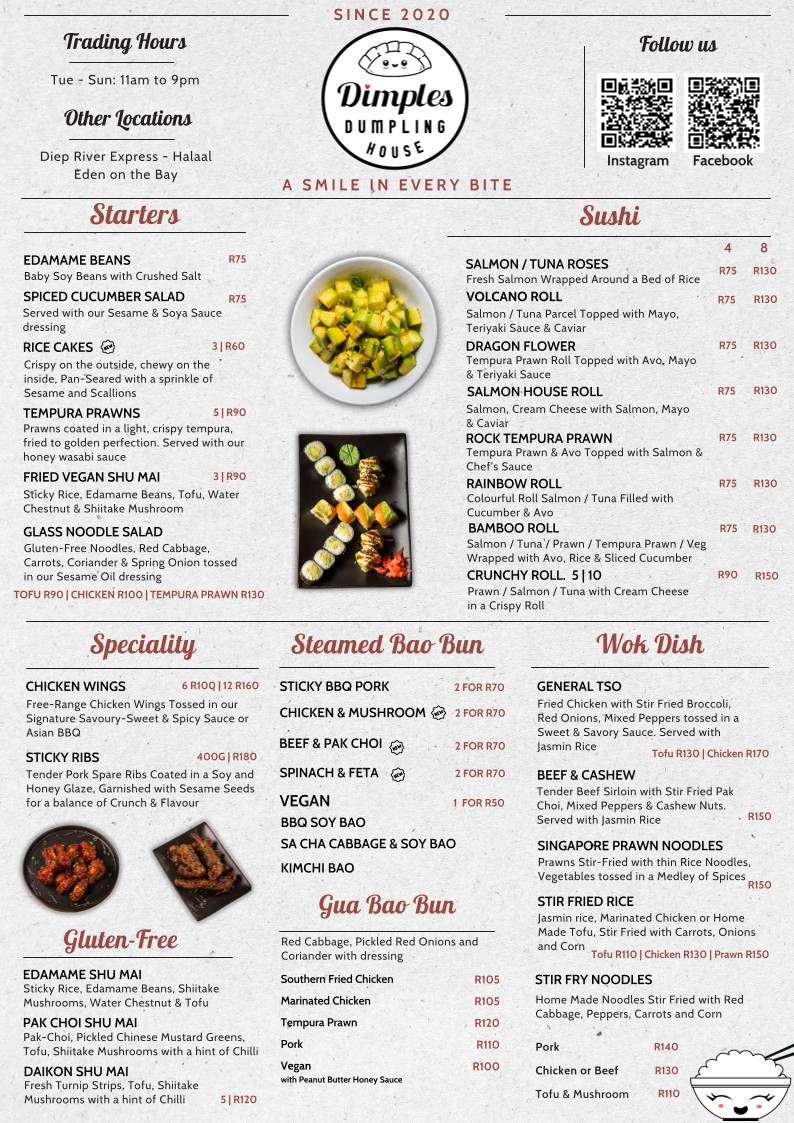 Menu at Dimples Dumpling House restaurant, Cape Town, 33 Palmer Rd