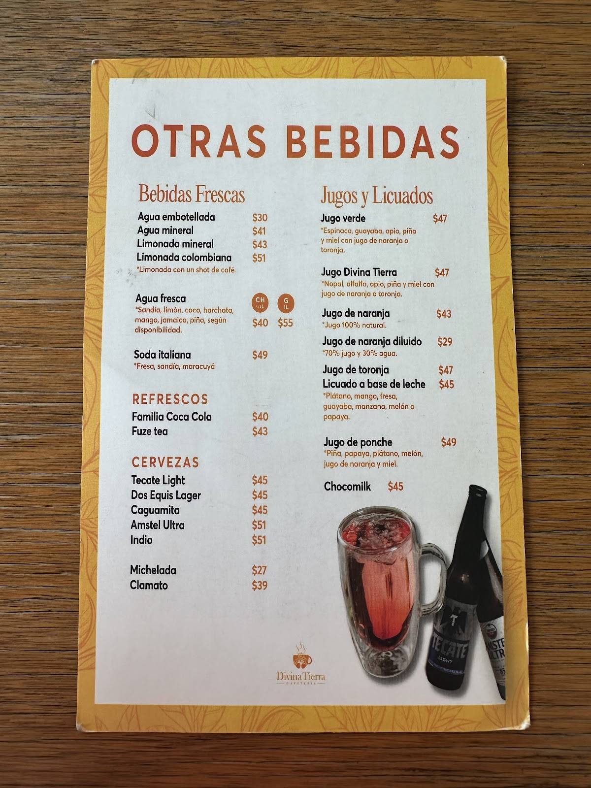 Carta de Divina Tierra Cafetería, Ciudad General Escobedo
