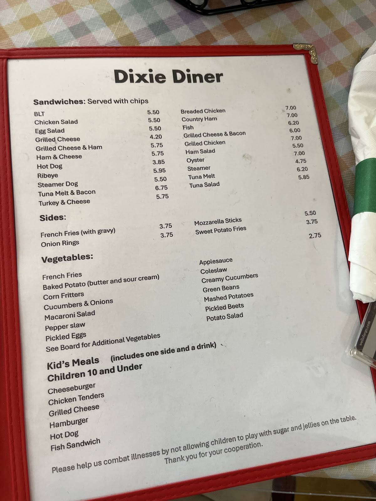 Menu at Dixie Diner restaurant, Smithsburg