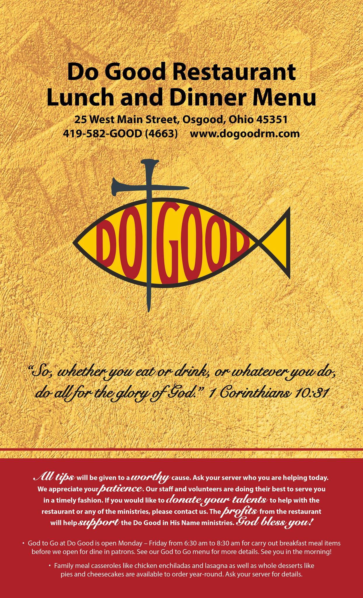 Menu at Do Good Restaurant and Ministry, Osgood, 25 Main St
