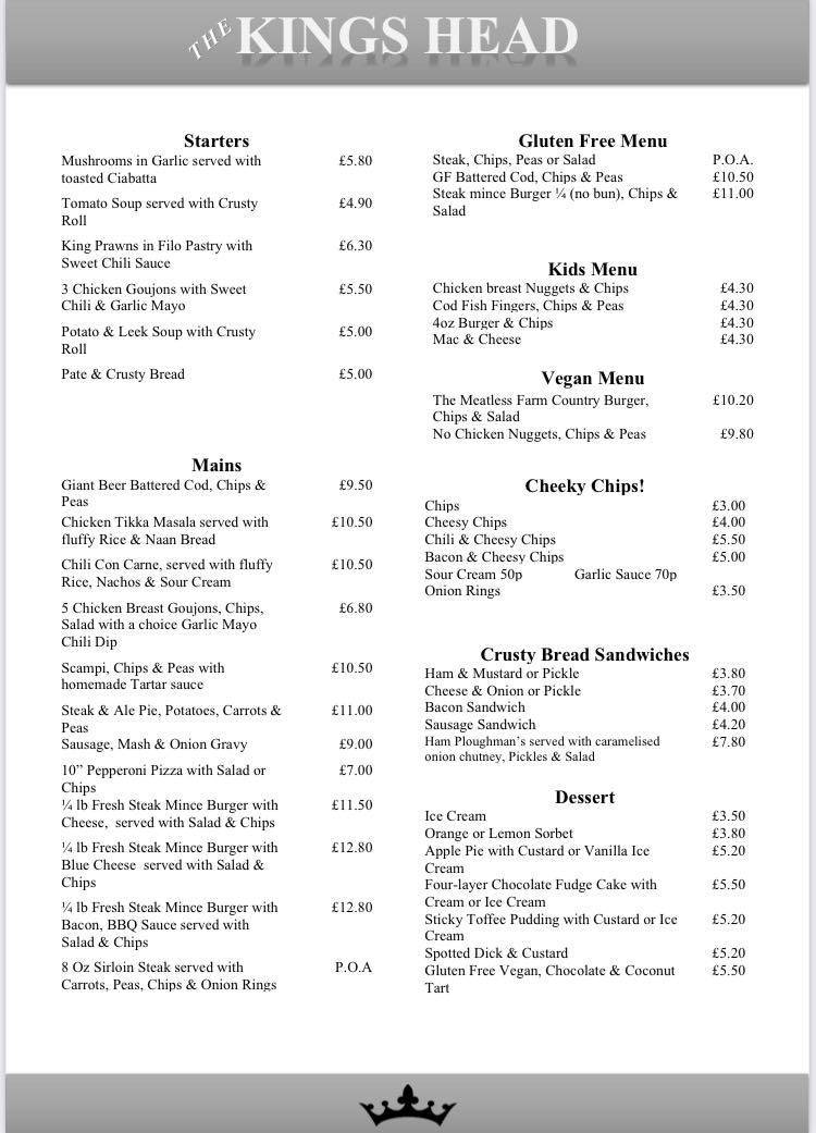 Carta del pub y bar Kings Head, Docklow