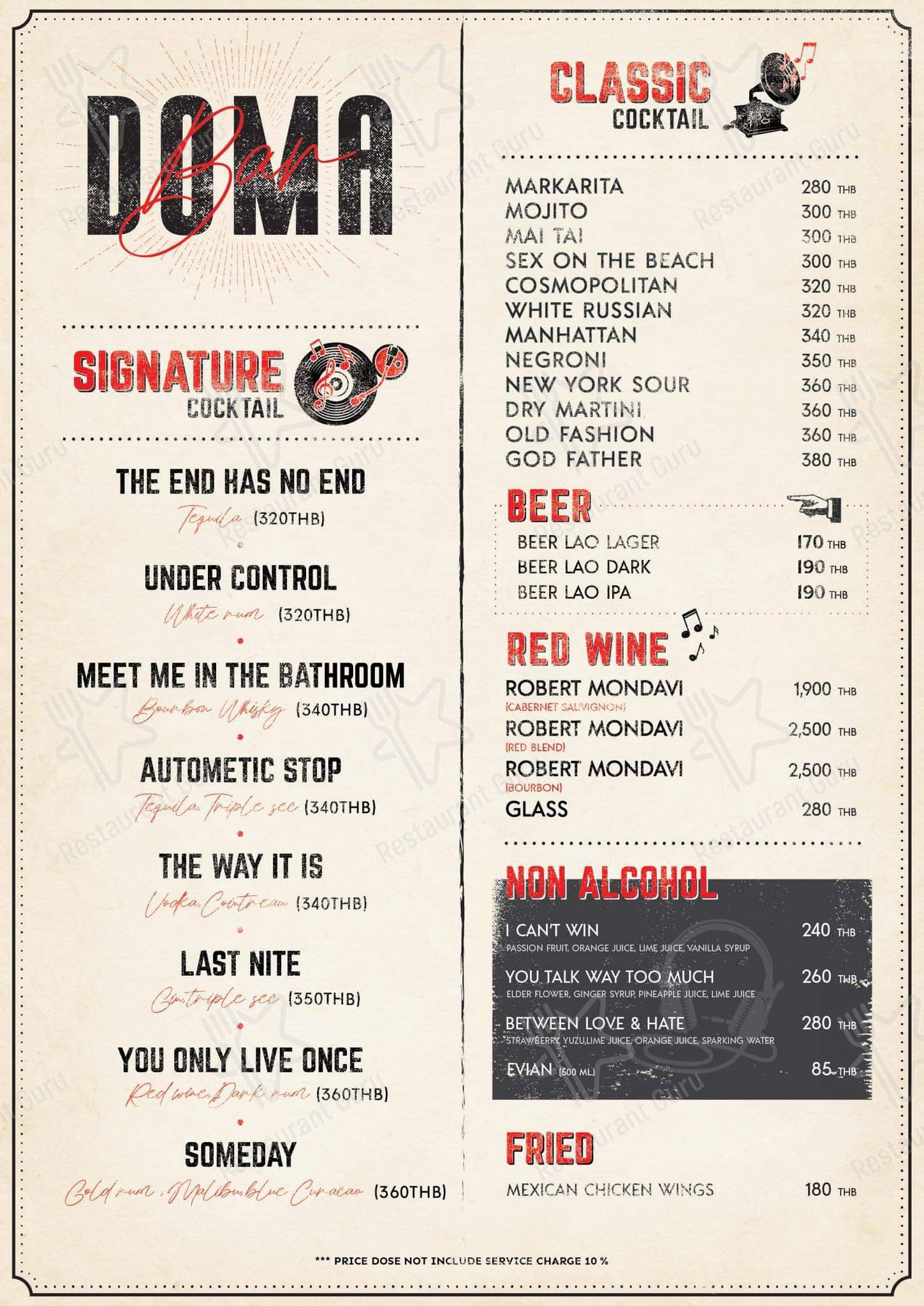 Menu at Doma Bar, Bangkok, Bangkok 10500