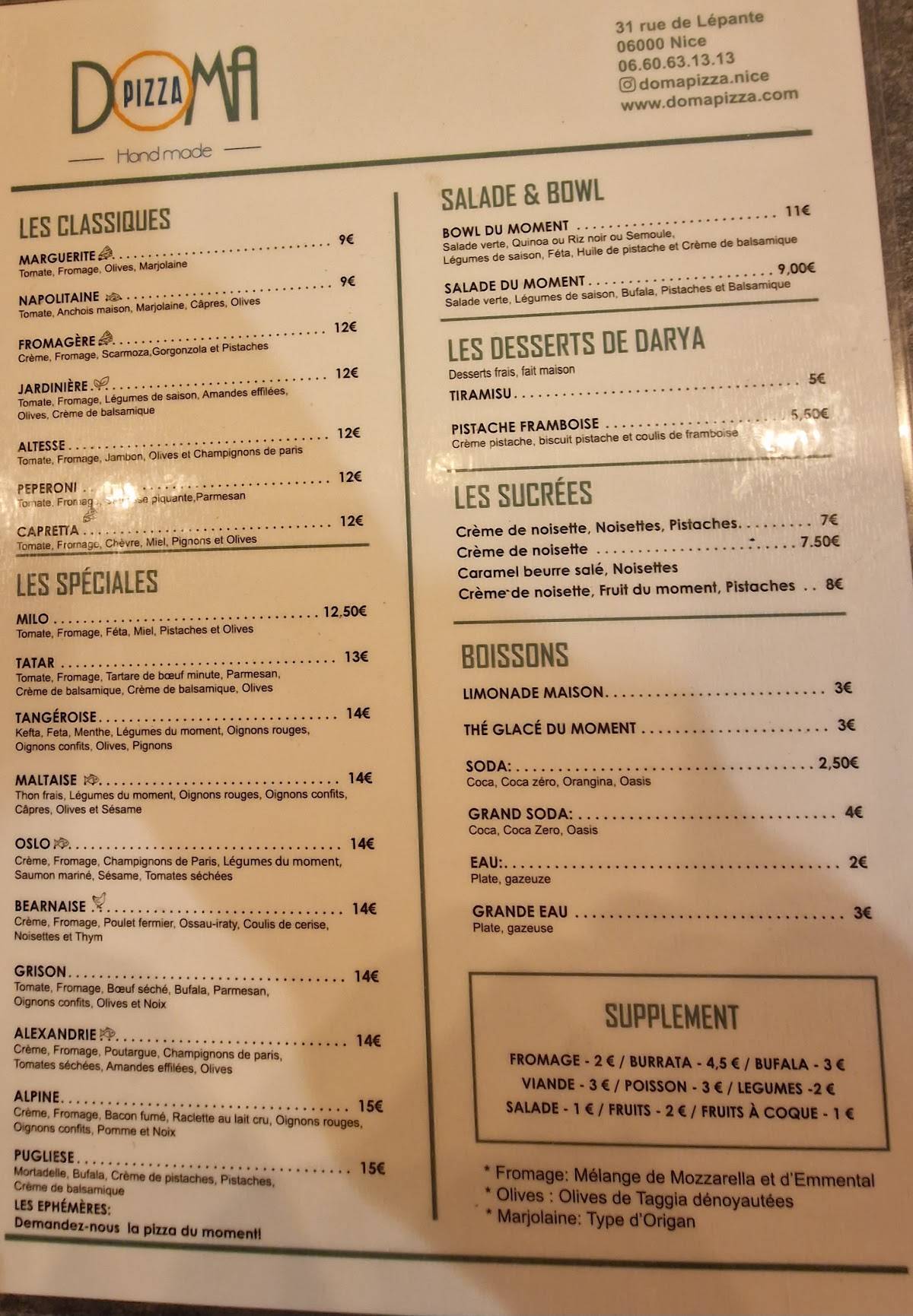 Menu at Doma Pizza restaurant, Nice
