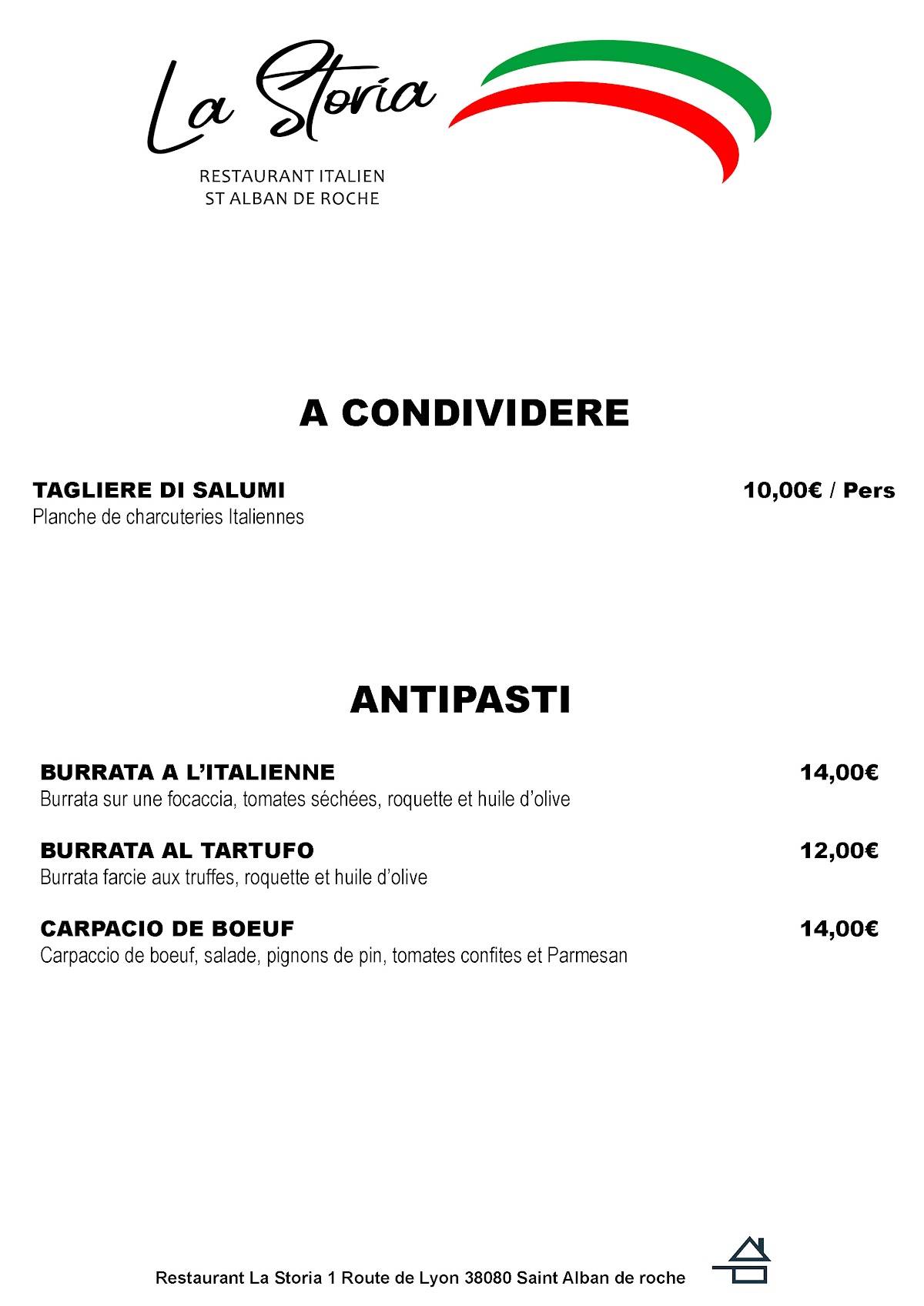 Menu au La Storia restaurant, Saint-Alban-de-Roche