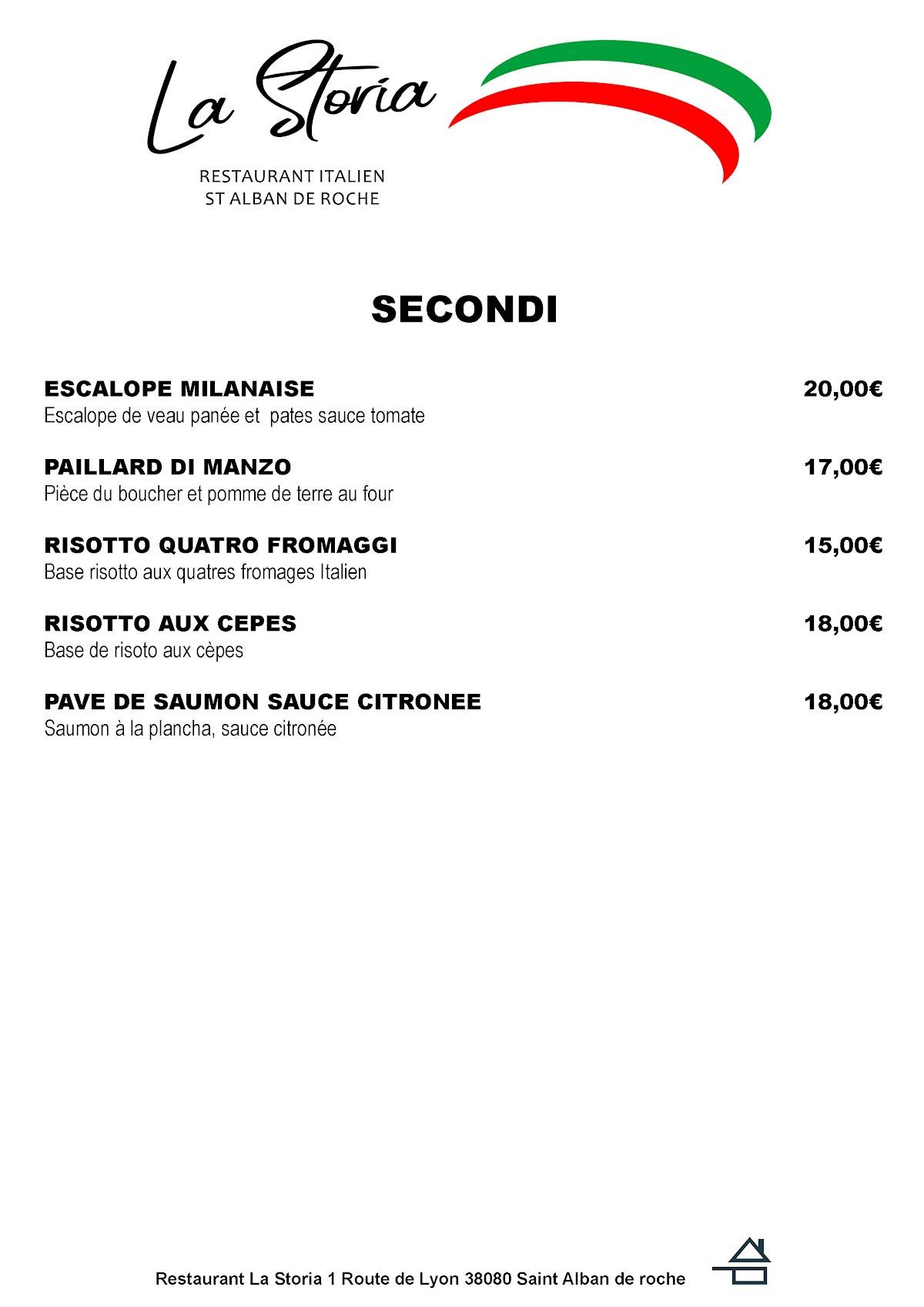 Menu au La Storia restaurant, Saint-Alban-de-Roche