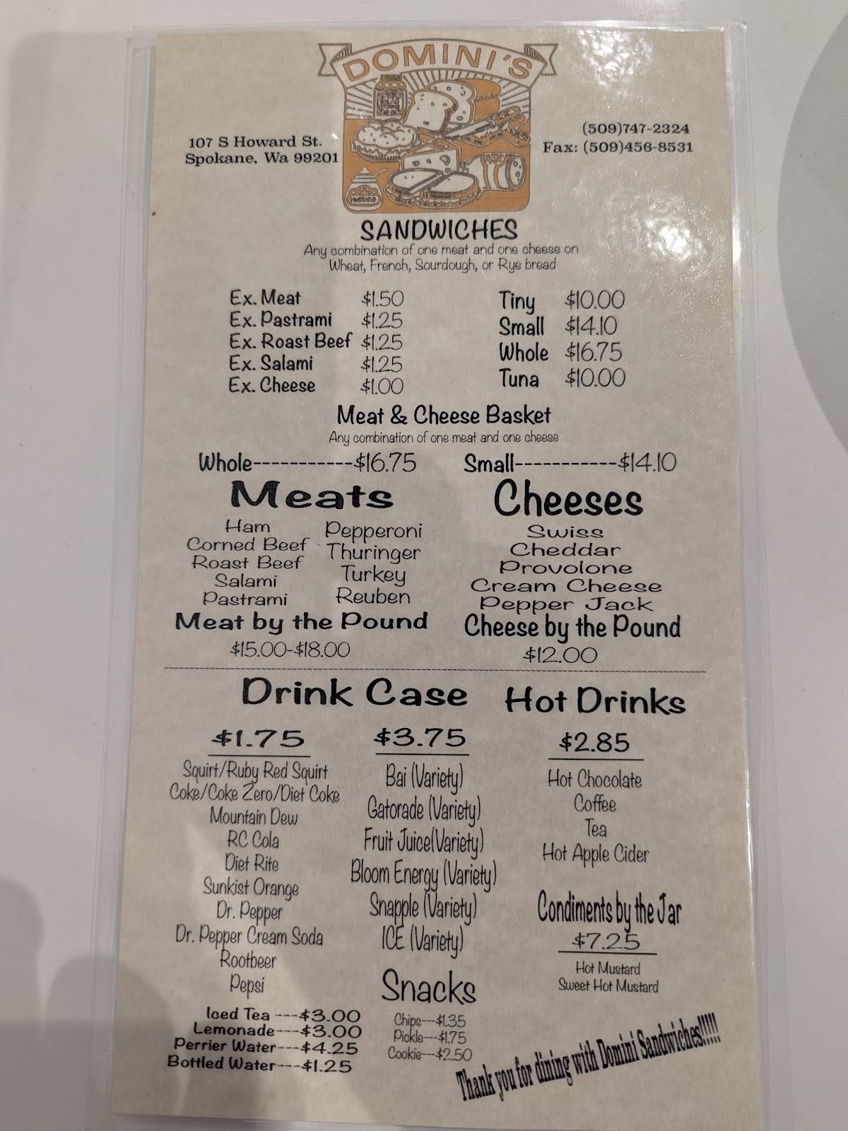 Menu at Domini Sandwiches, Inc restaurant, Spokane