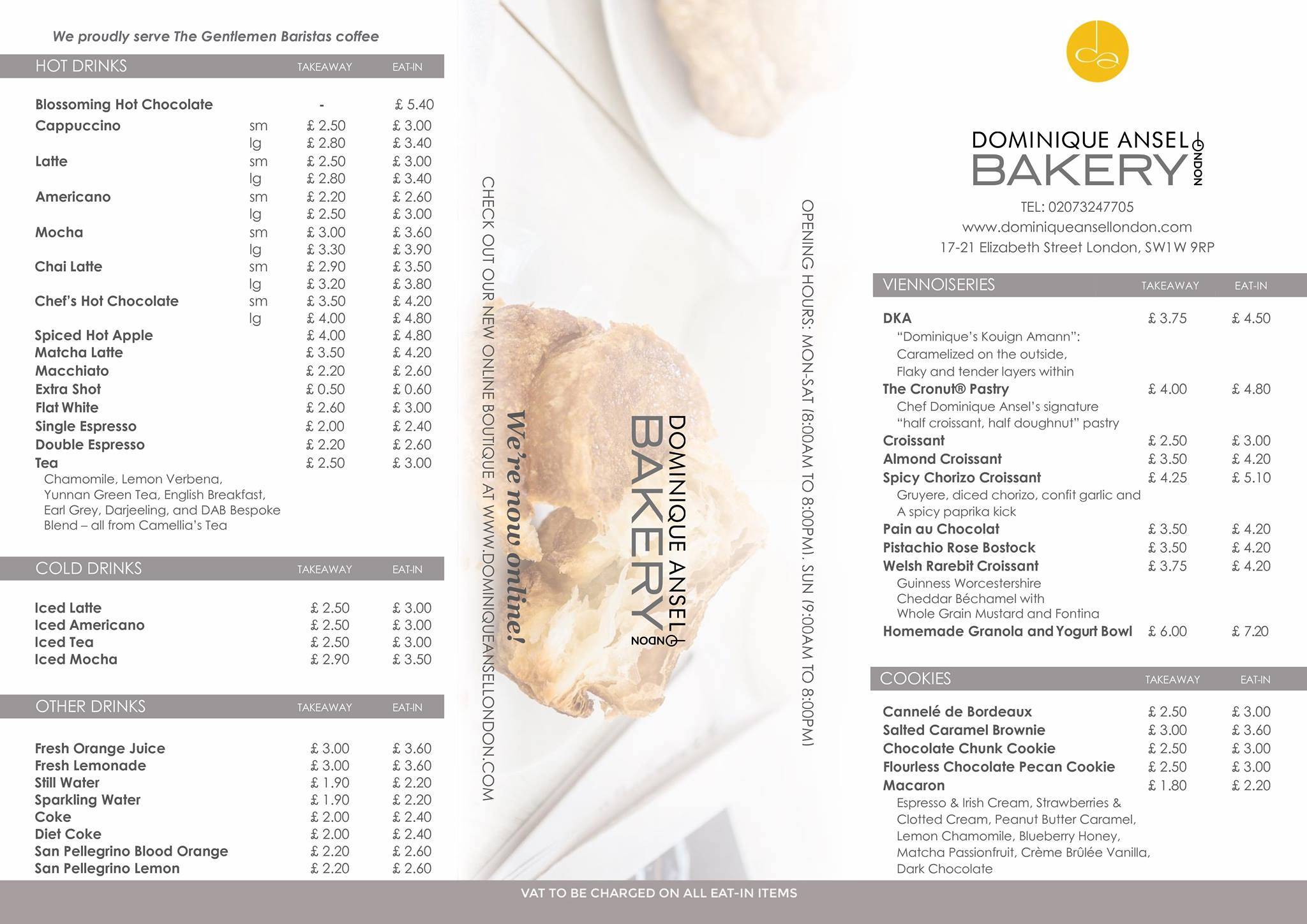 Carta de Dominique Ansel Bakery, Londres, 17-21 Elizabeth Street