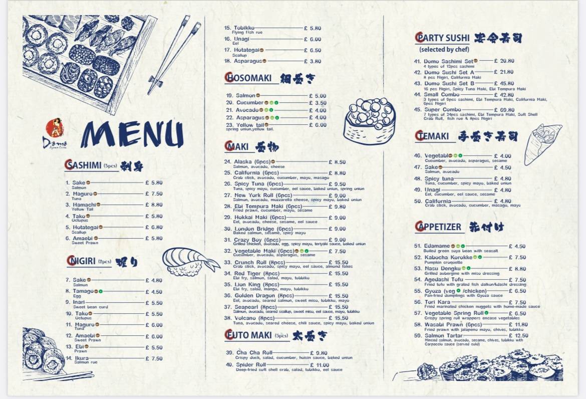 Menu at Domo Japanese Cuisine restaurant, Harrogate