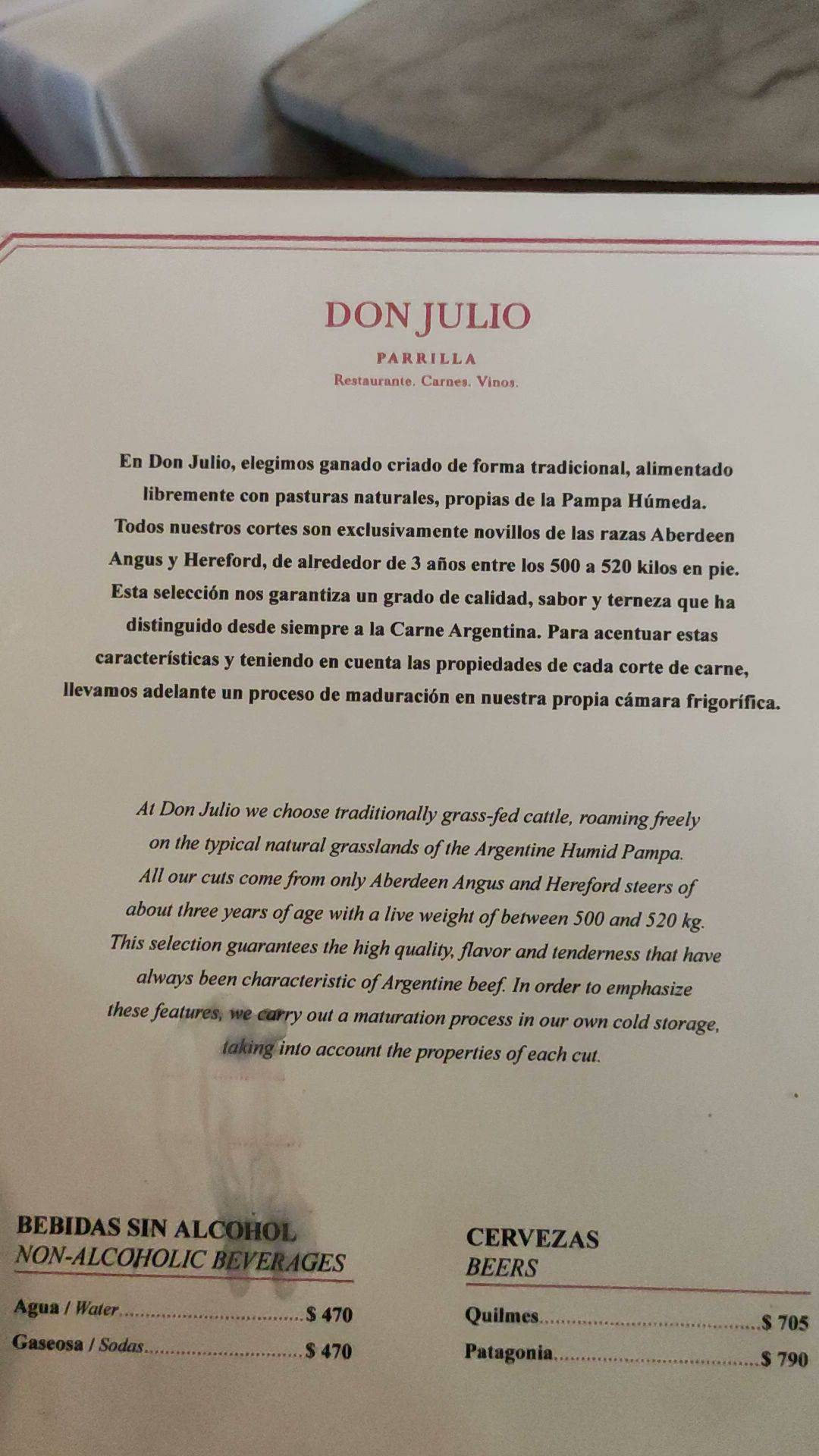 Menu at Don Julio steakhouse, Buenos Aires, Guatemala 4699