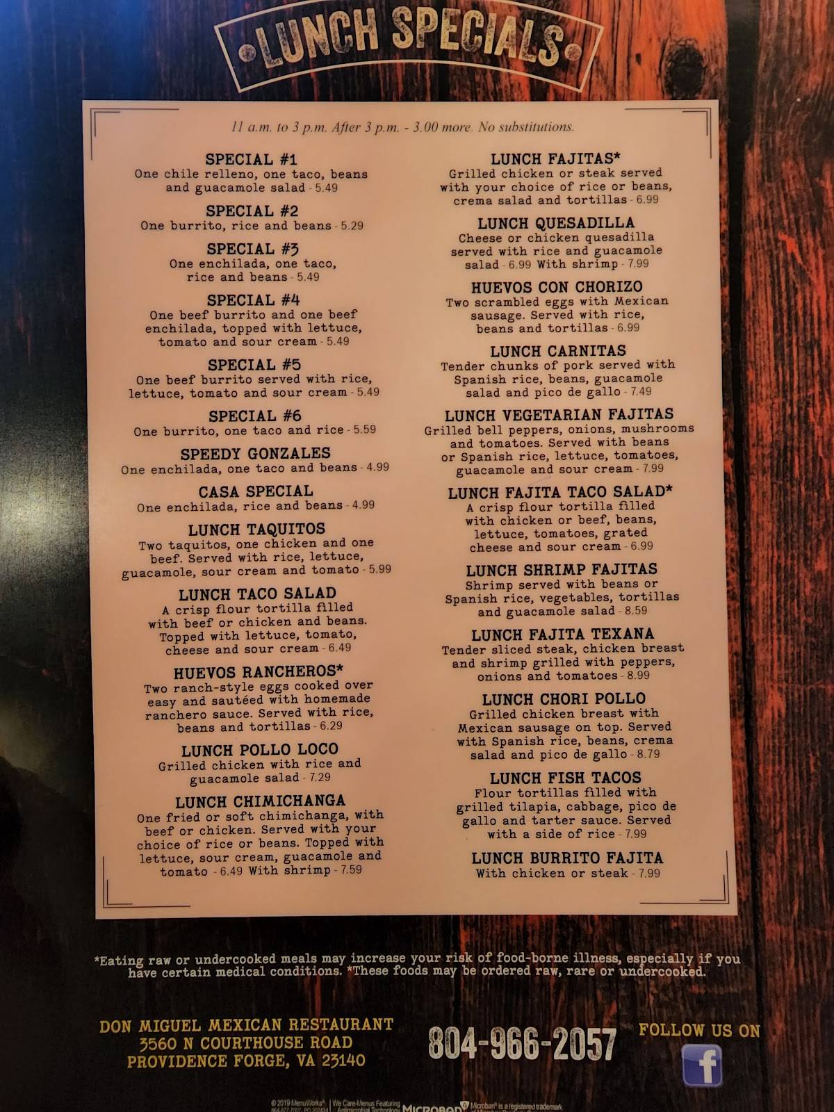 Menu at Don Miguel Mexican Restaurant, Providence Forge