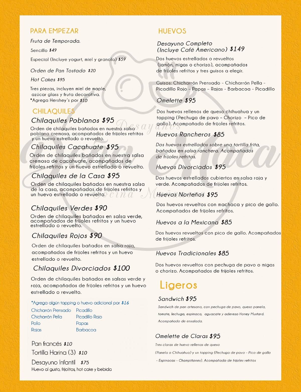 Carta del restaurante Doña Maca, Torreón
