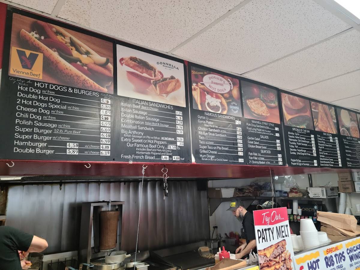 Menu at Donald's Famous Hot Dogs restaurant, Chicago, S Central Ave