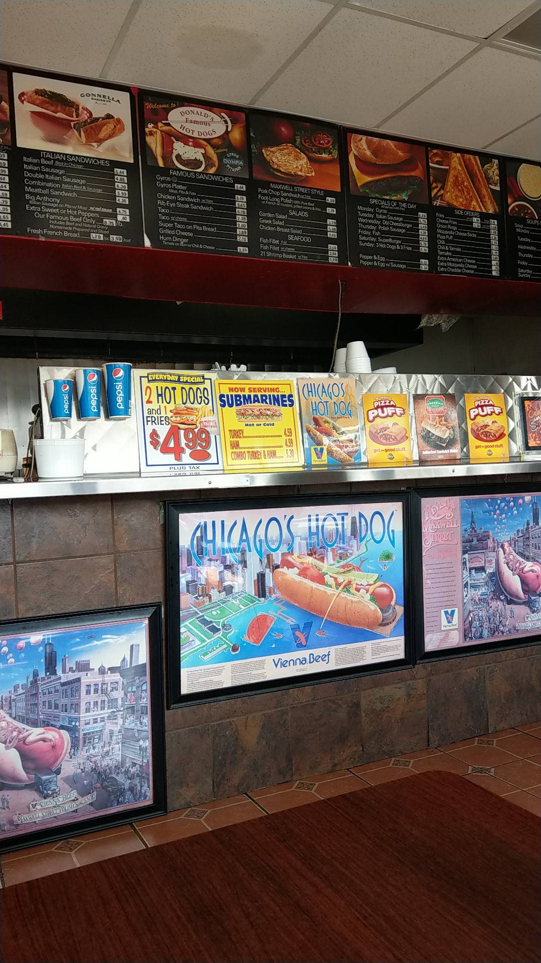 Menu at Donald's Famous Hot Dogs restaurant, Chicago, S Central Ave