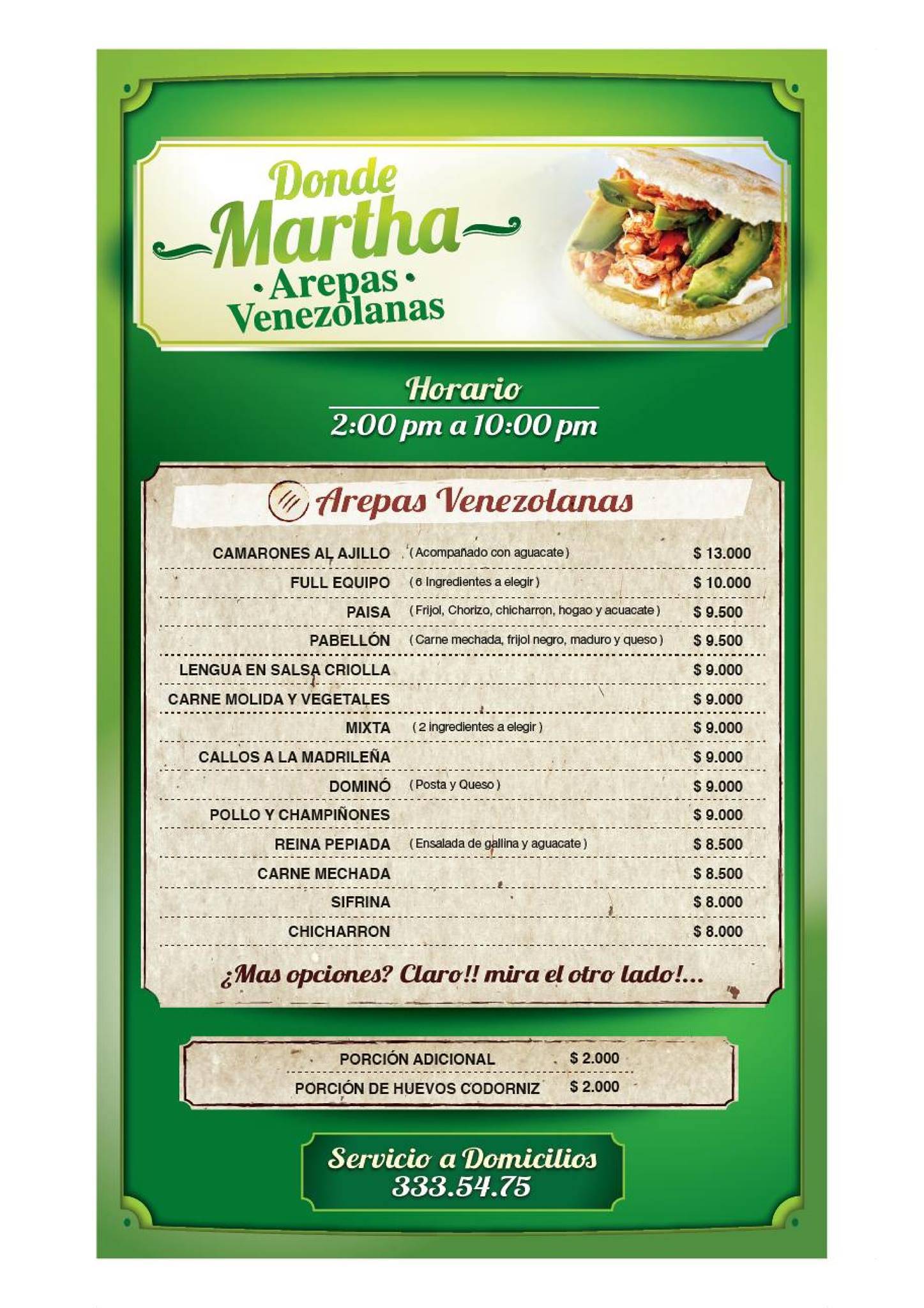 Menu at Donde Martha Arepas Venezolanas restaurant, Envigado