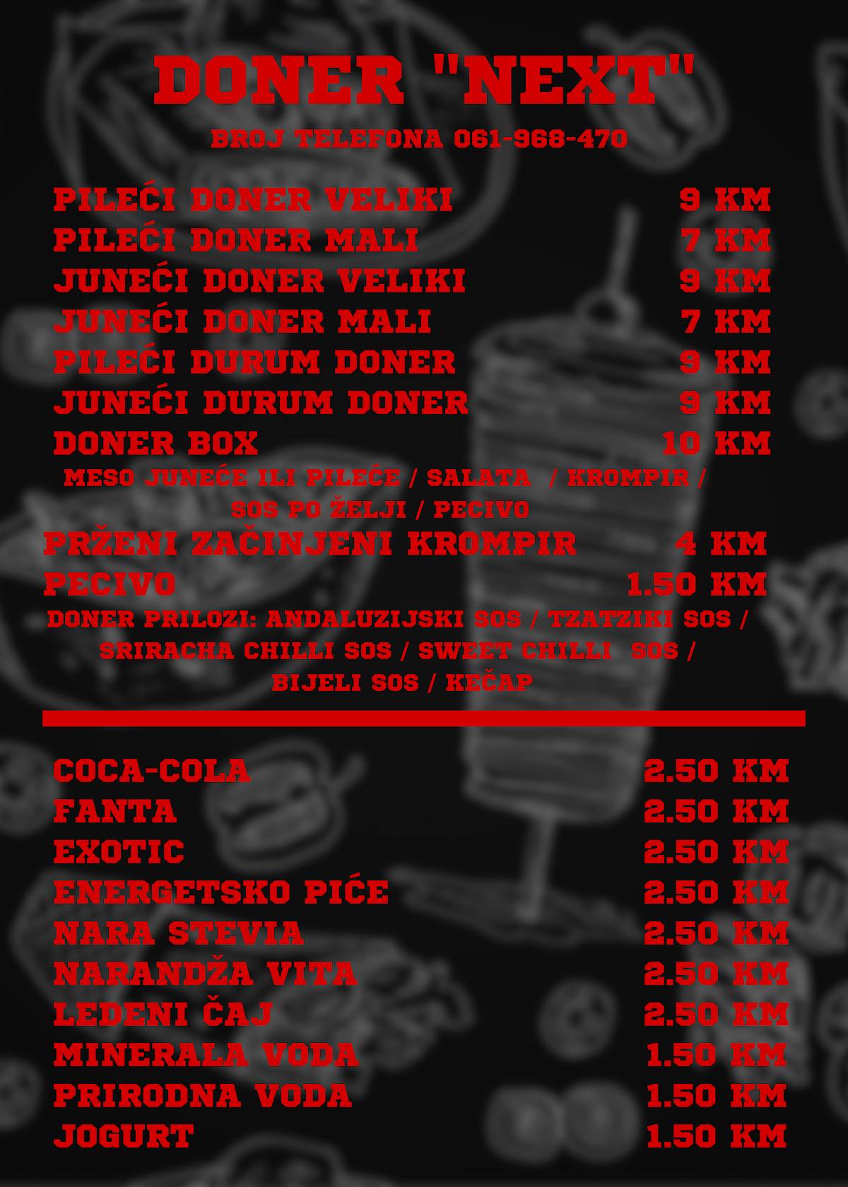 Menu at Doner "NEXT" restaurant, Sarajevo