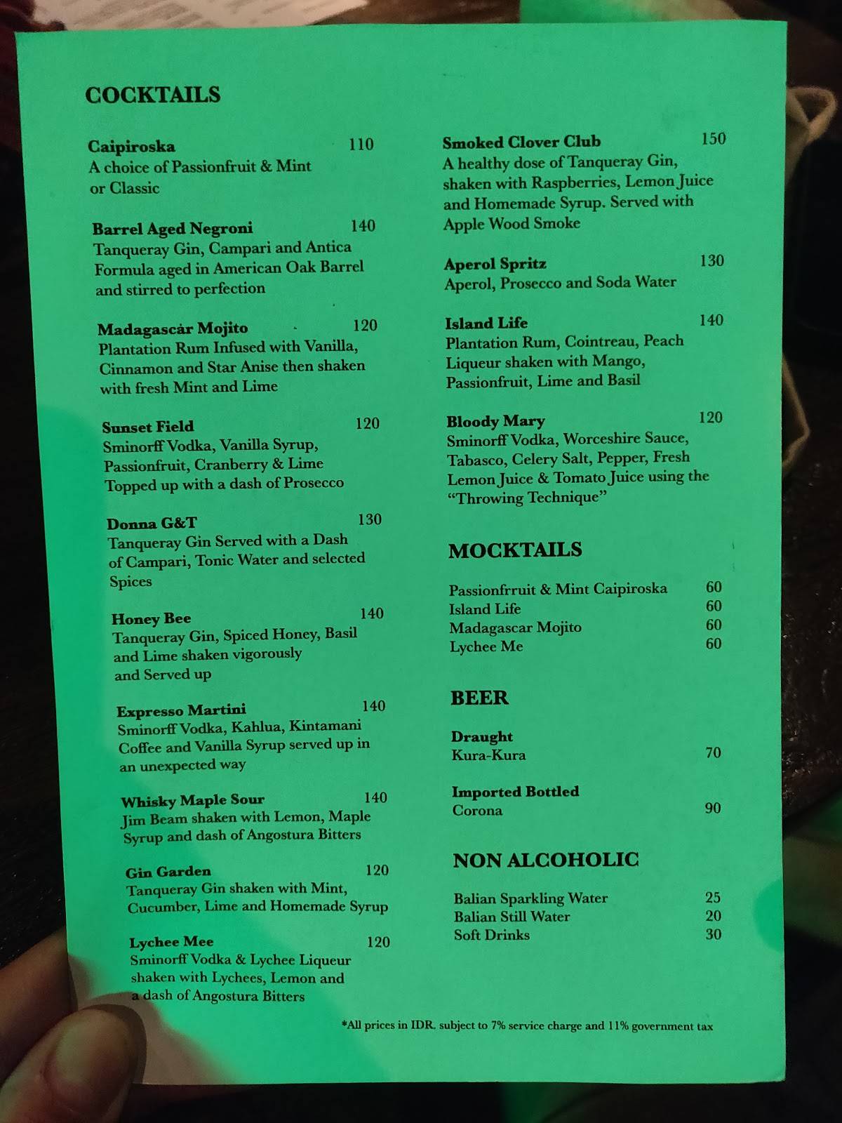 Carta del restaurante Donna, Ubud