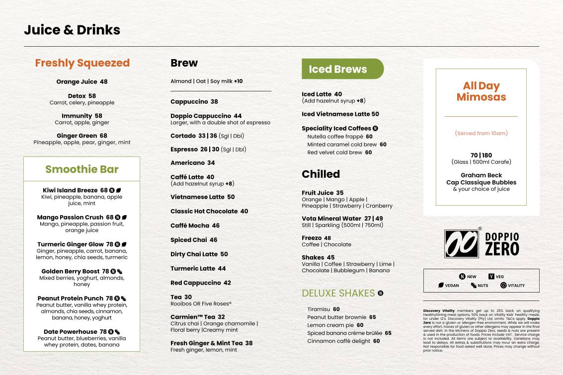 Menu at Doppio Zero Mall of Africa restaurant, Midrand, Magwa Cres