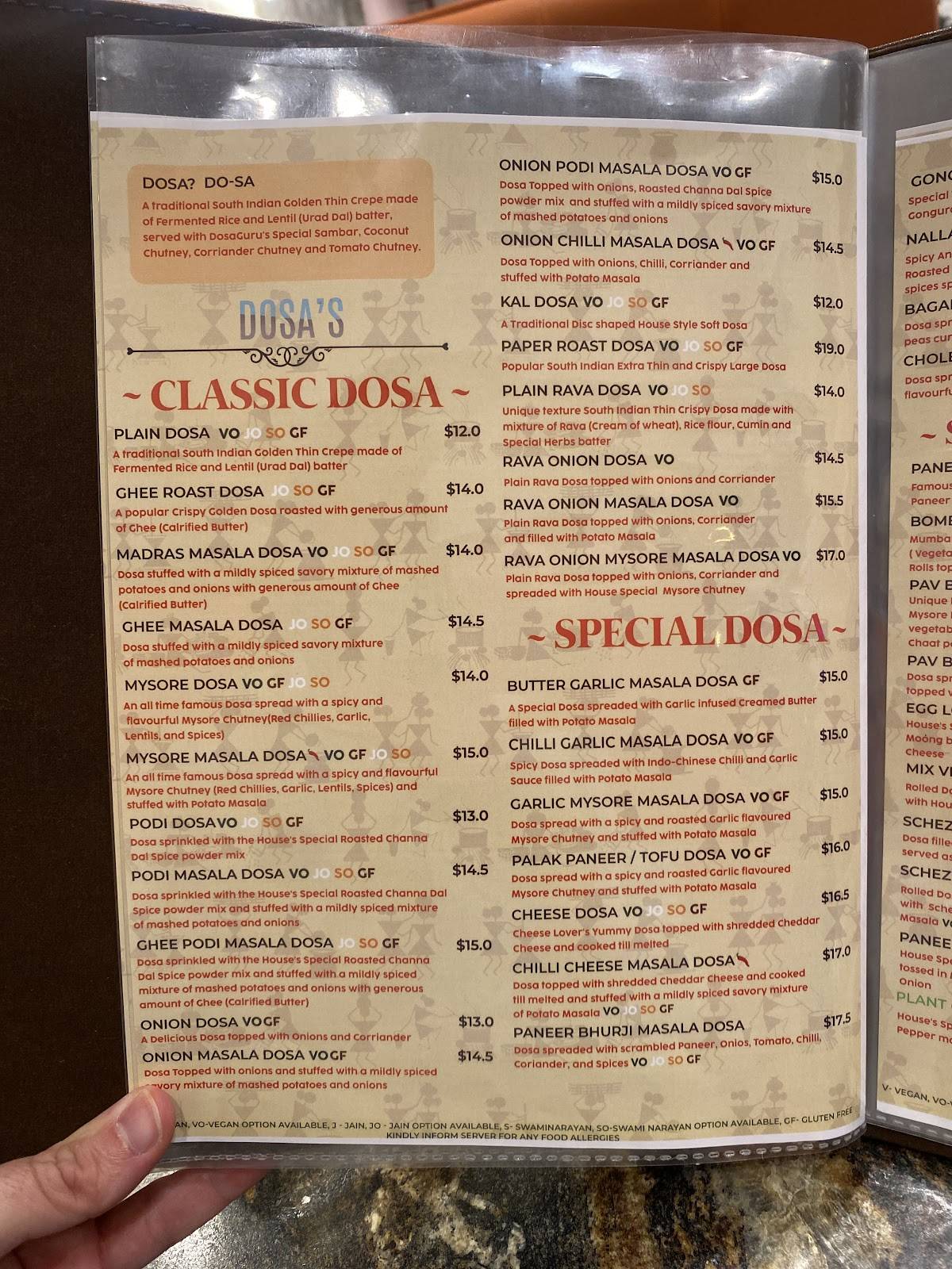 Menu at Dosa Guru restaurant, Edmonton