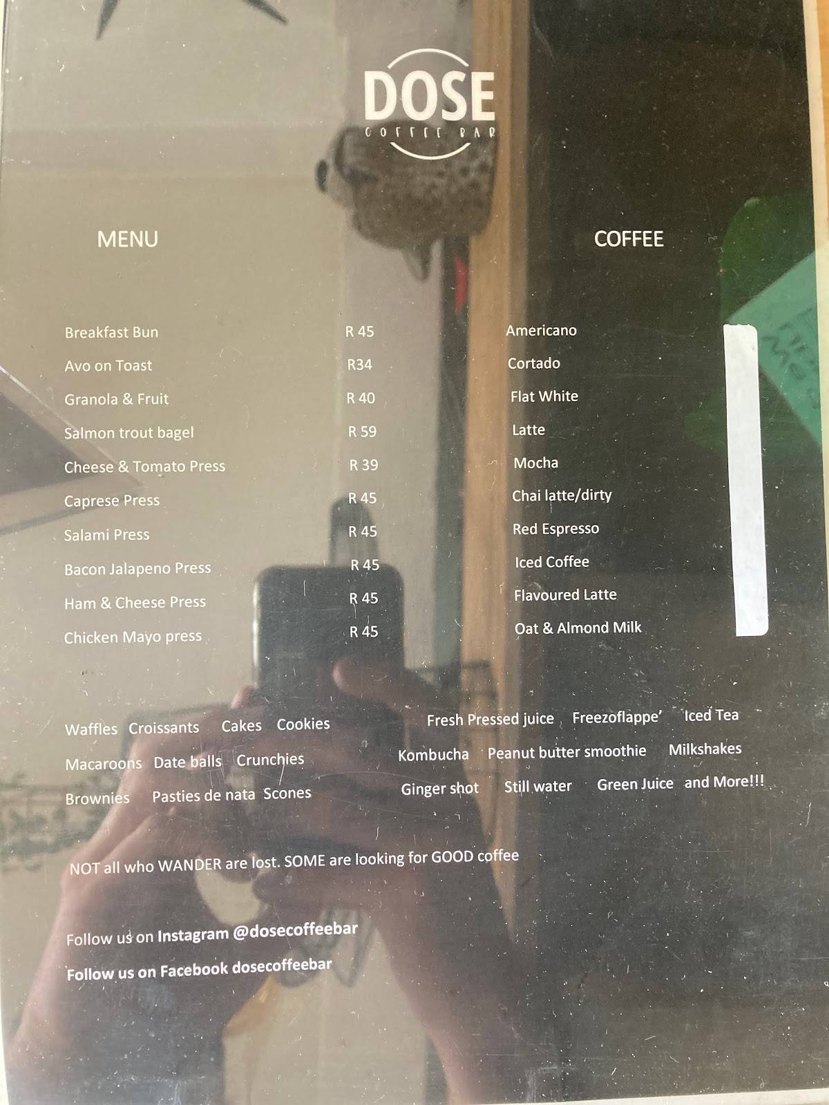Speisekarte von Dose coffee bar, Kapstadt