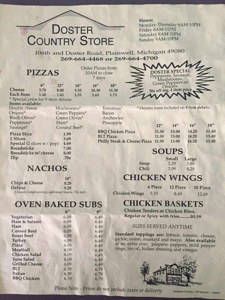 Menu at Doster Country Store pizzeria, Cooper Township