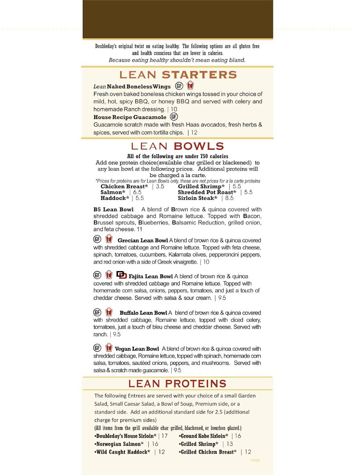 Menu at Doubleday's Grill & Tavern restaurant, Centerville