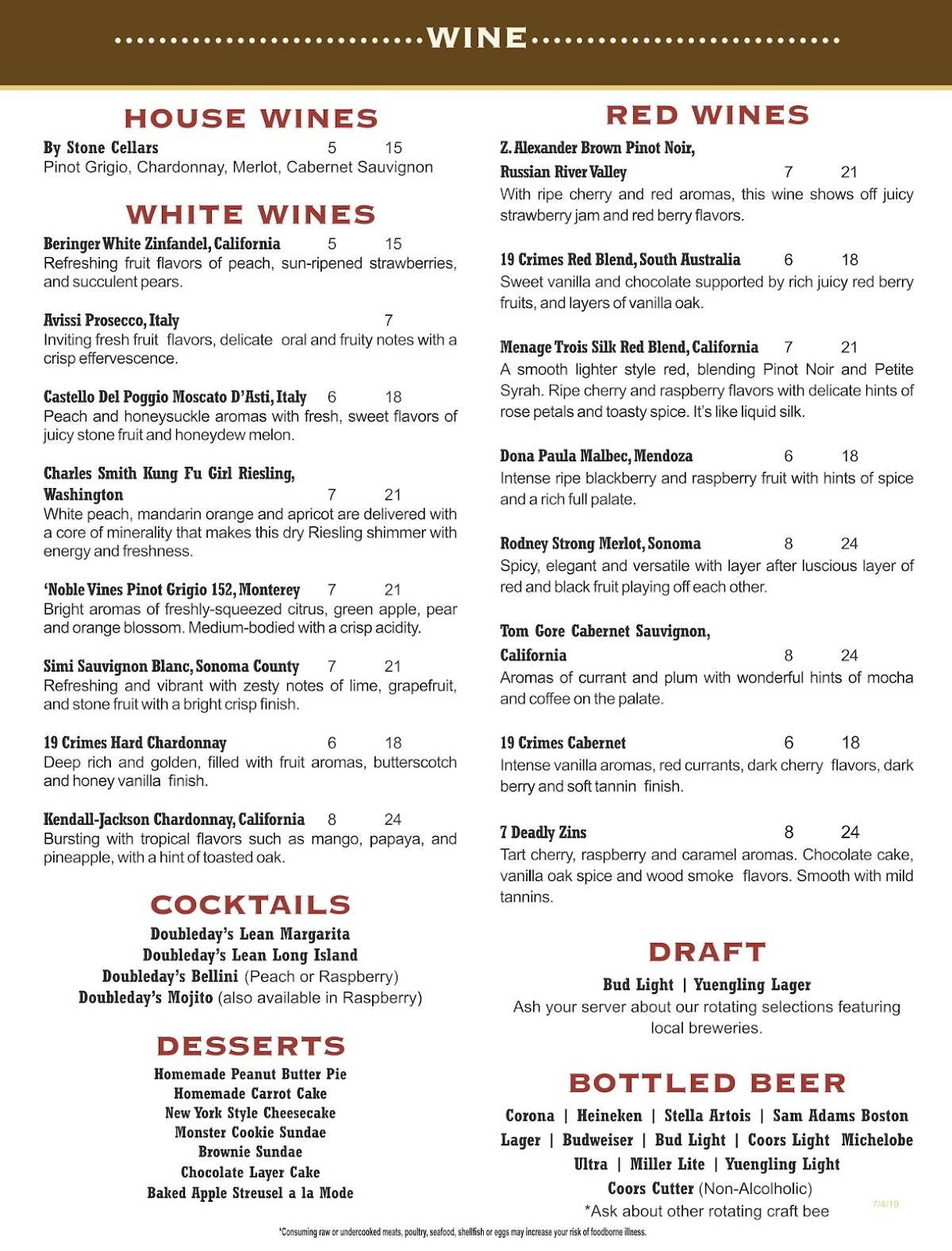 Menu at Doubleday's Grill & Tavern restaurant, Centerville