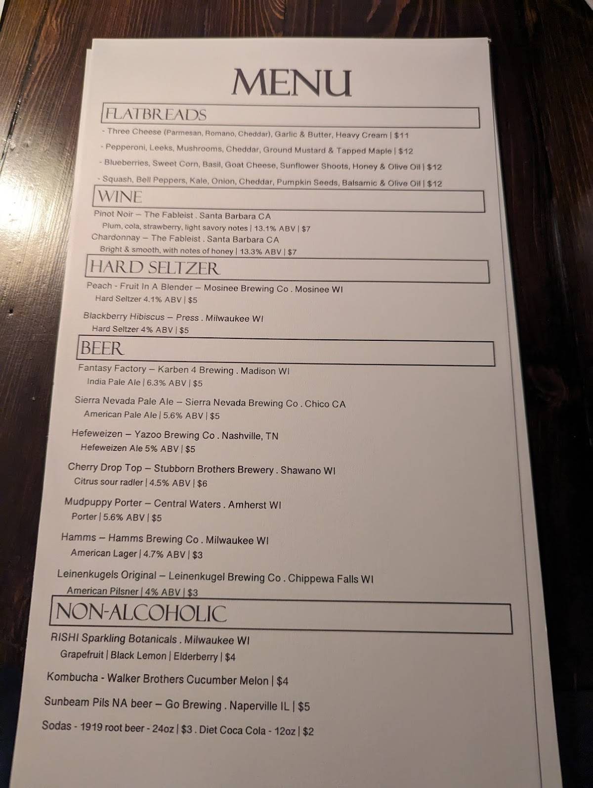 Menu at Downtown Bird cafe, Mosinee