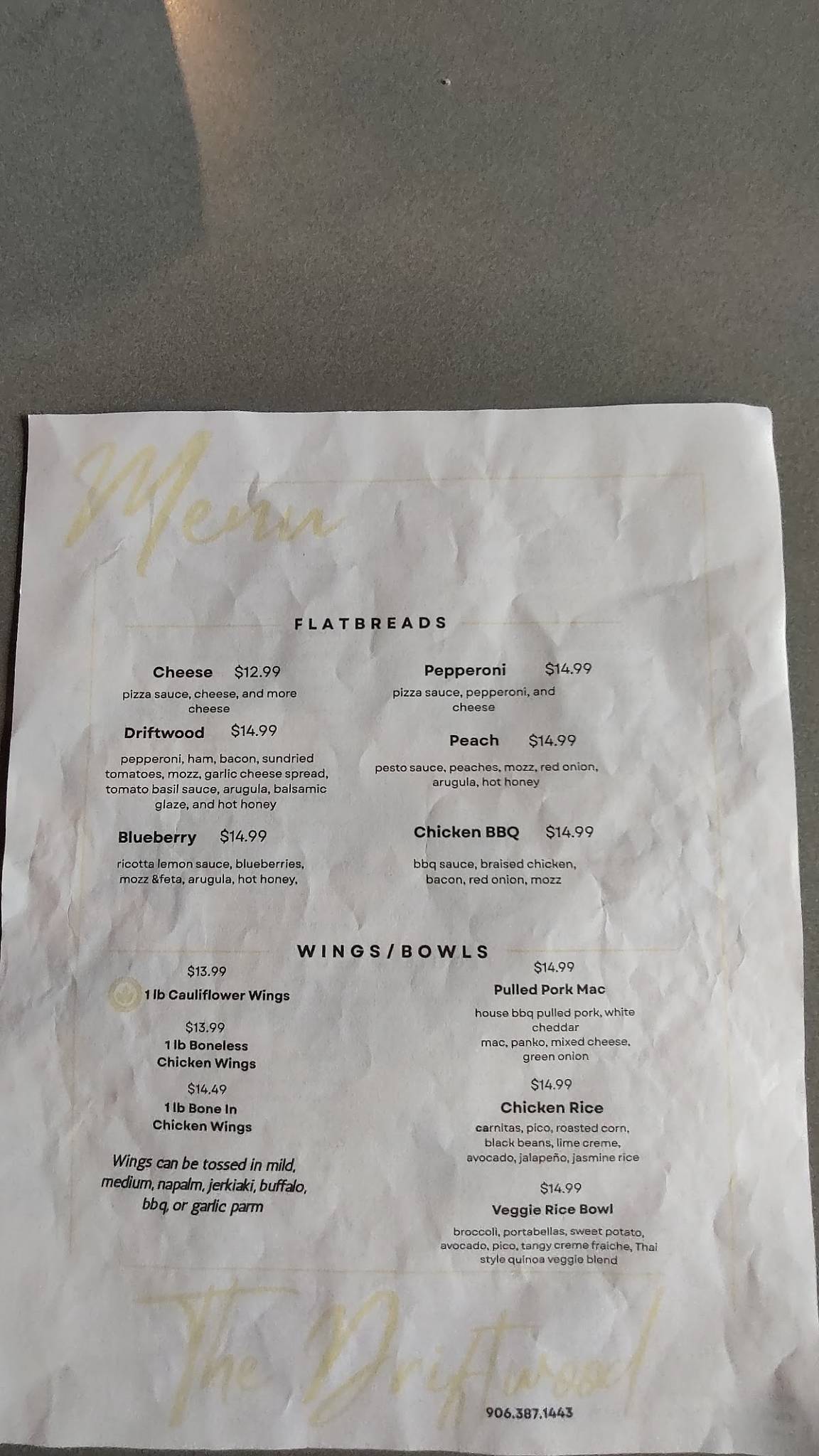 Menu at Driftwood Deli restaurant, Munising