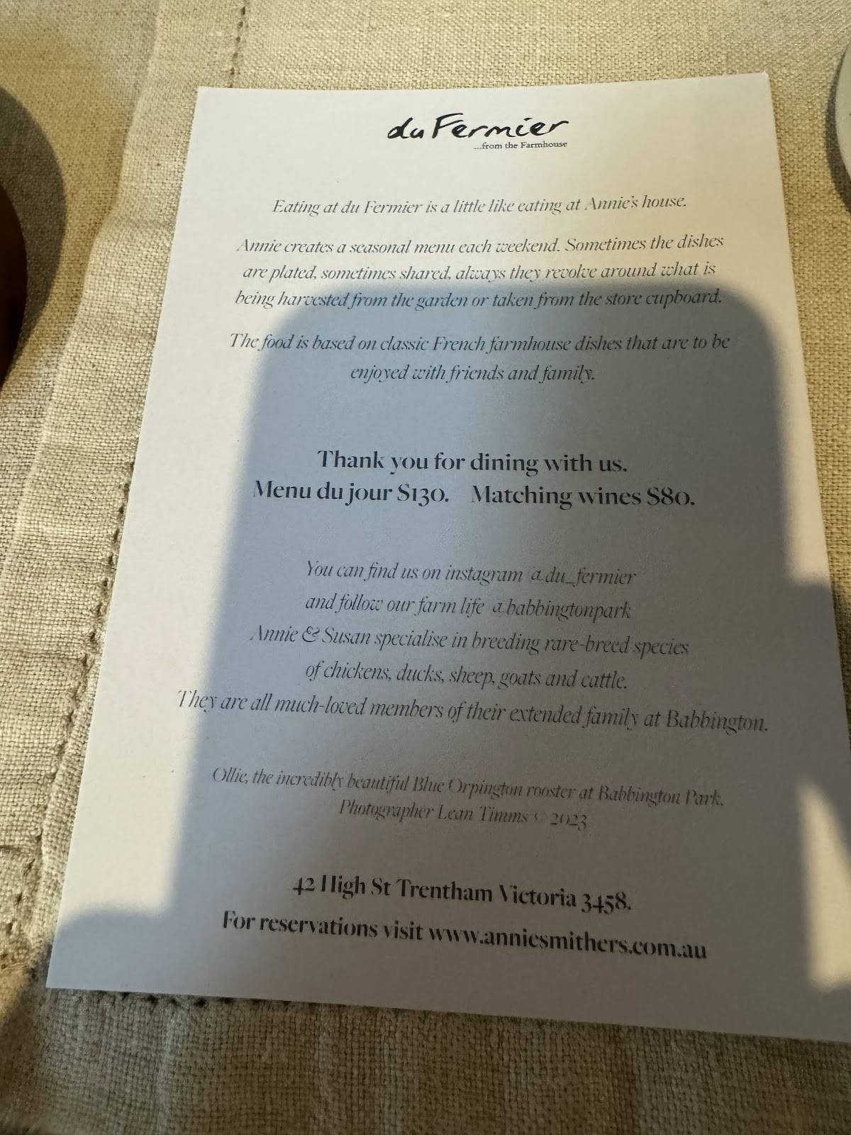 Menu at Du Fermier restaurant, Trentham