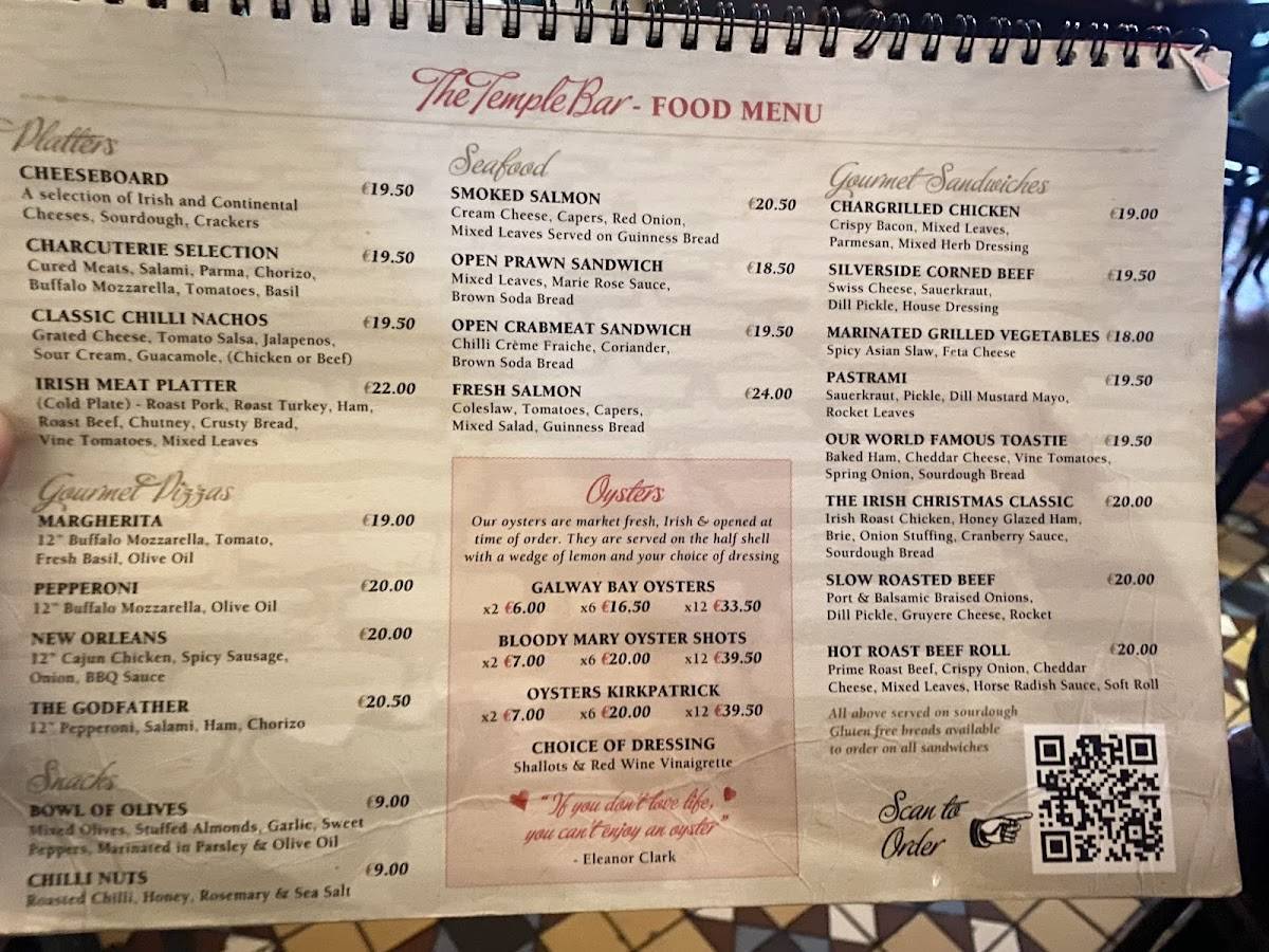 Menu at The Temple Bar Pub, Dublin
