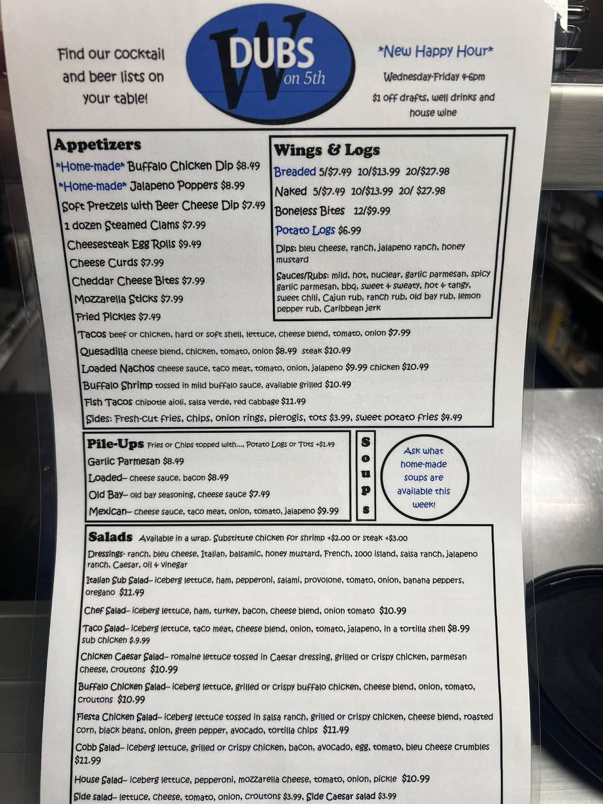 Menu at Dubs on 5th pub & bar, West Easton