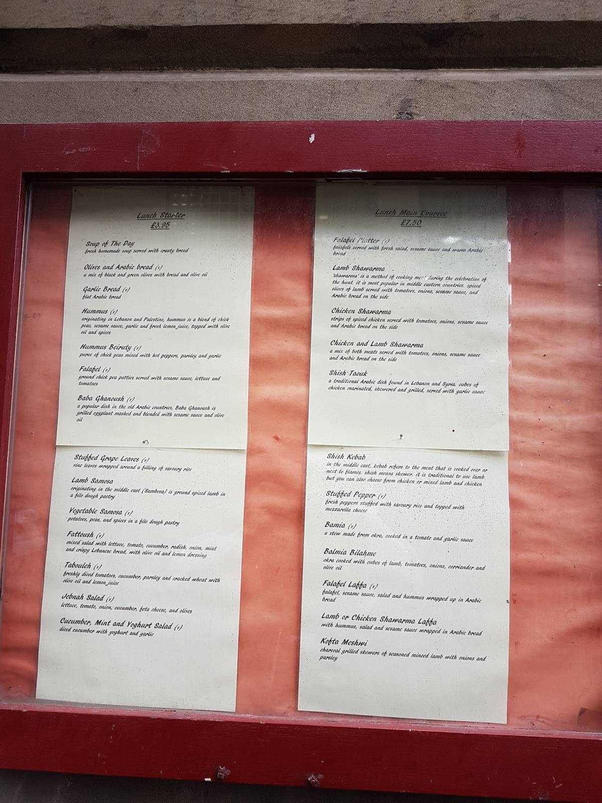 Menu at Tahini restaurant, Dundee