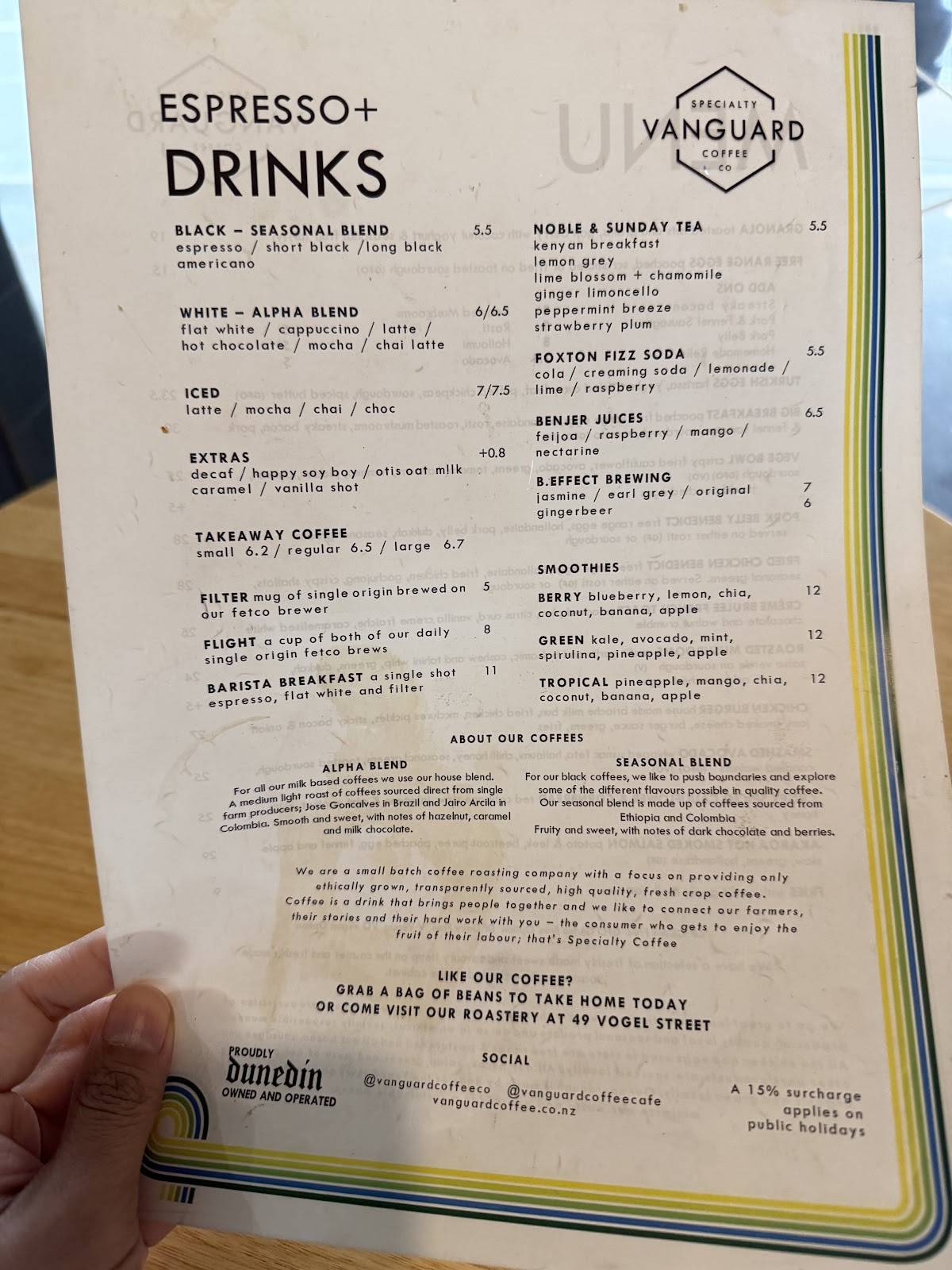 Menu at Vanguard Specialty Coffee Co cafe, Dunedin