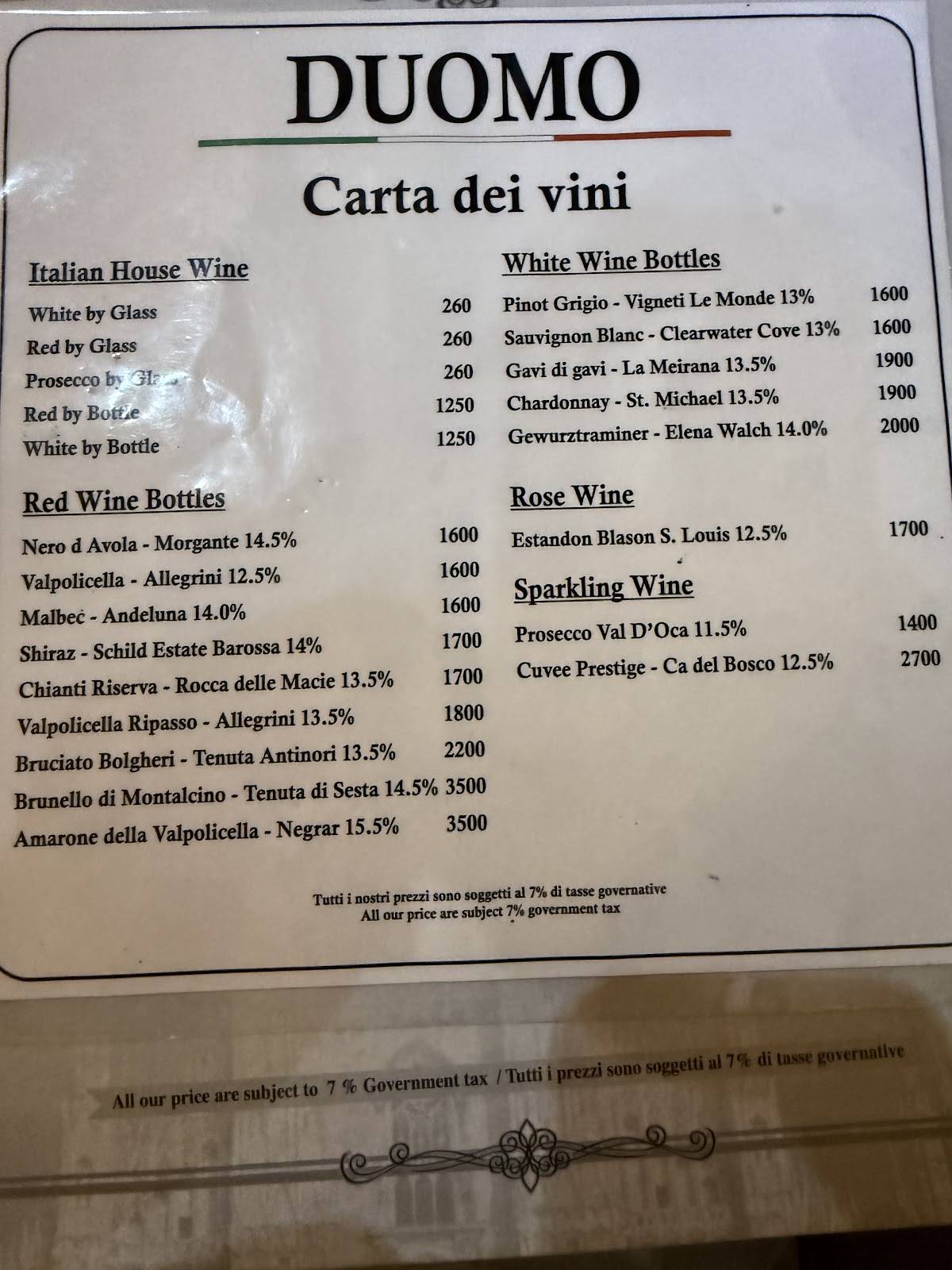 Menu at Duomo restaurant, Ko Samui