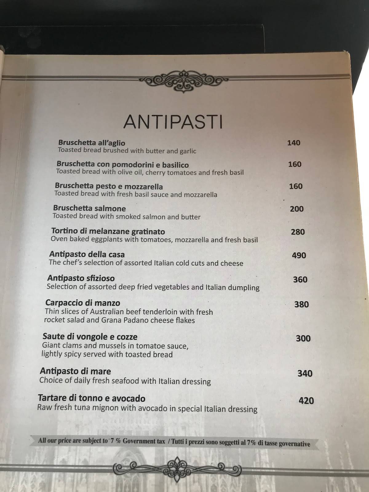 Menu at Duomo restaurant, Ko Samui