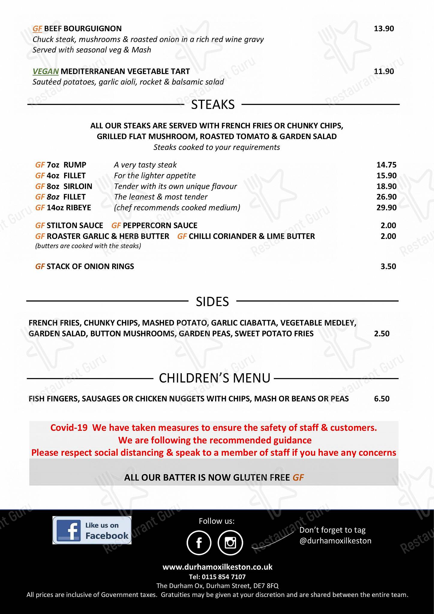 Menu at The Durham Ox pub & bar, Ilkeston