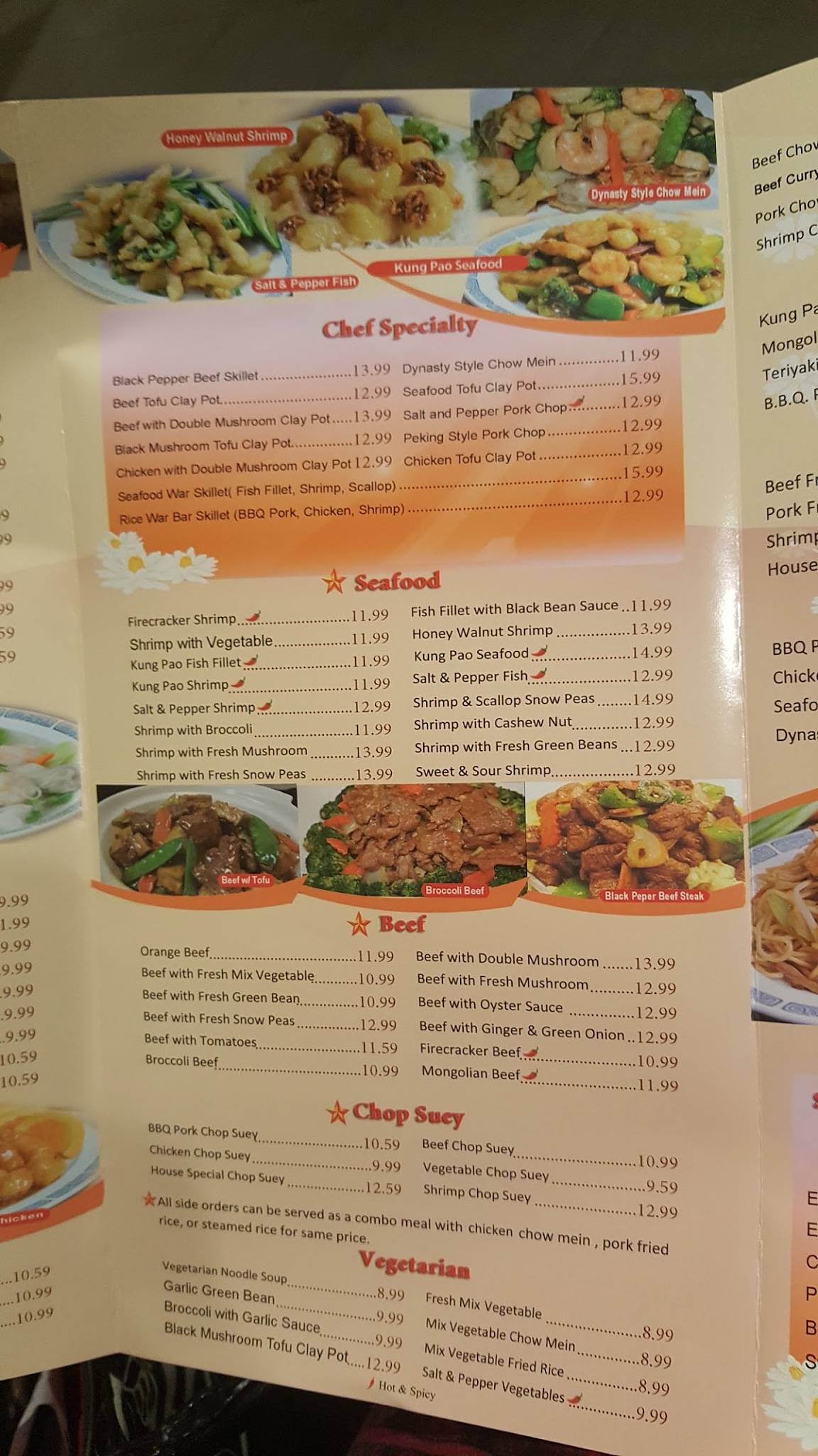 Menu at Dynasty Chinese Cuisine restaurant, Hanford