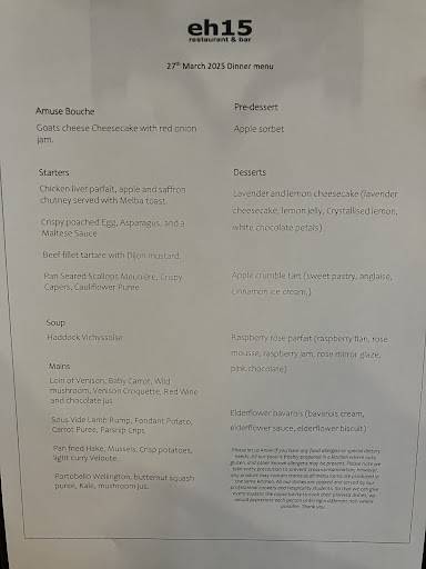 Menu at EH15 Restaurant & Bar, Edinburgh