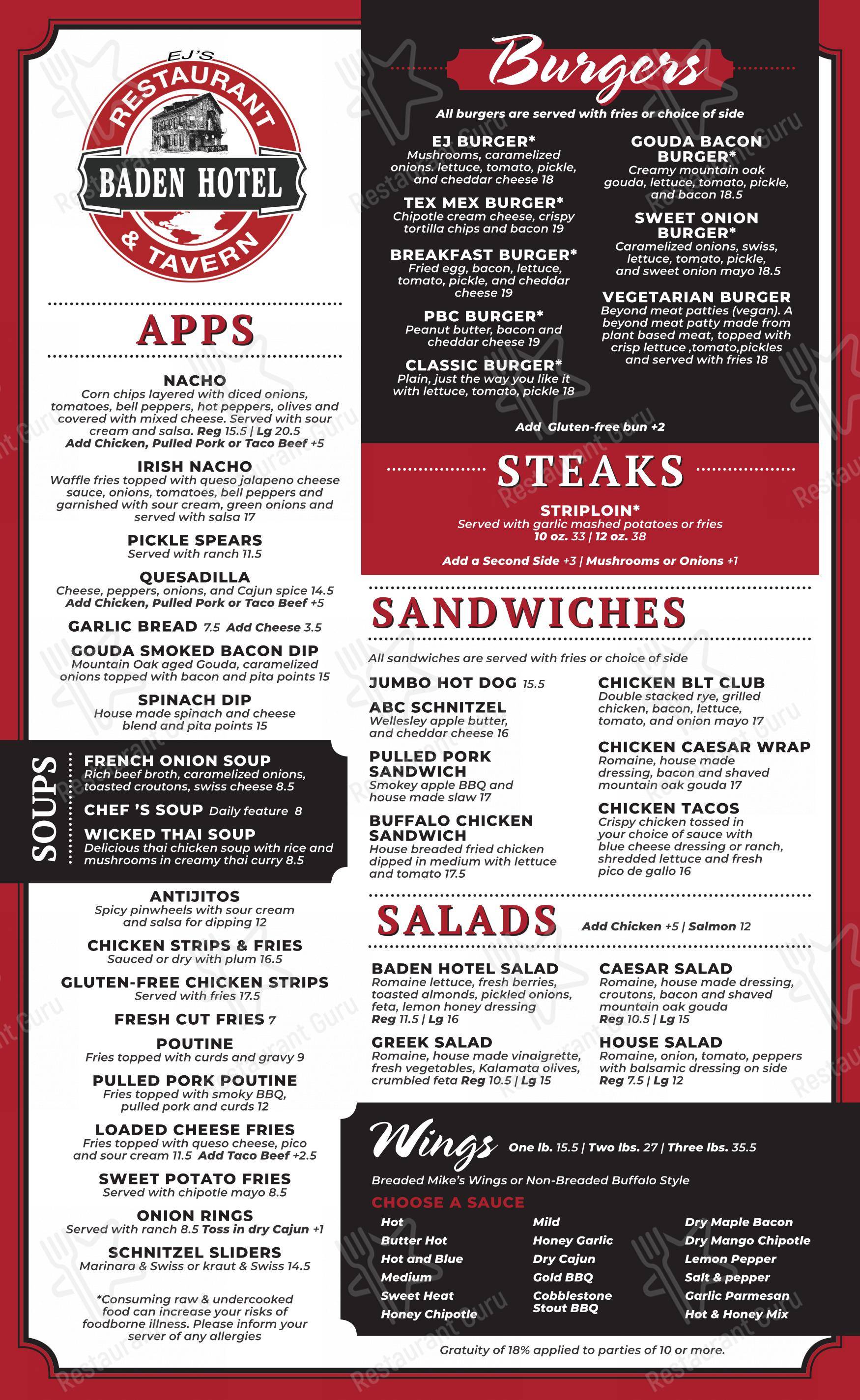 Menu at EJ's Tavern at the Baden Hotel pub & bar, Baden