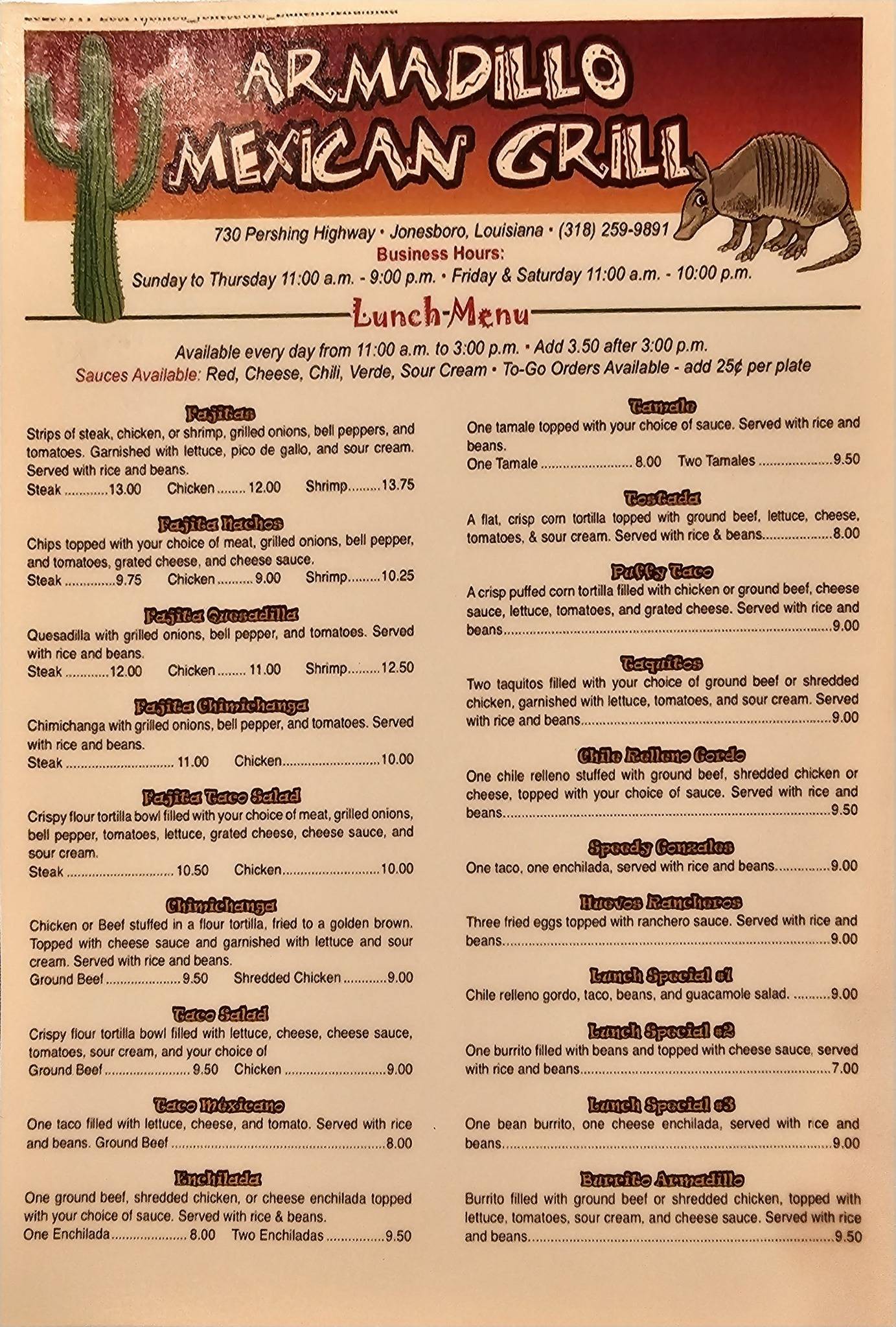 Menu at EL ARMADILLO GRILL restaurant, Jonesboro