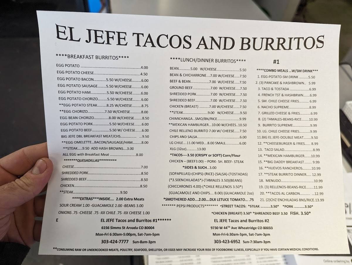 Menu at EL JEFE TACOS AND BURRITOS restaurant, Arvada