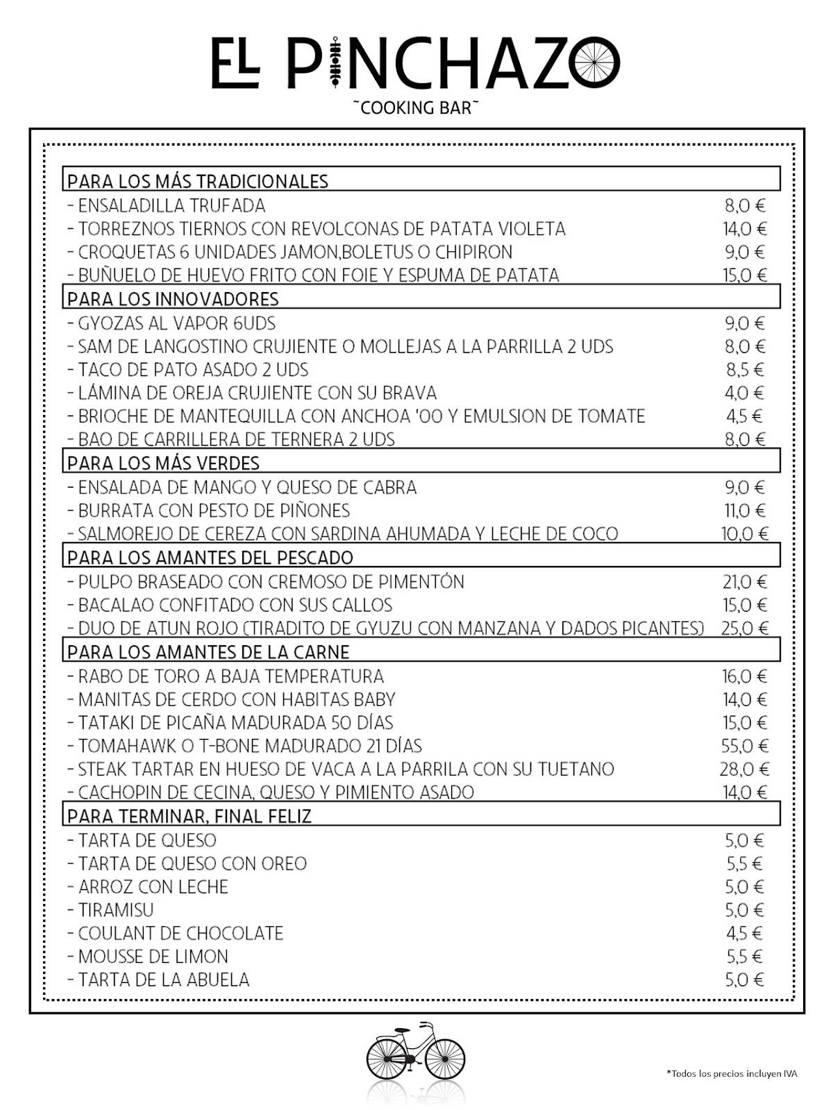 Carta de El Pinchazo Cooking Bar, Madrid, C. de Gargantilla