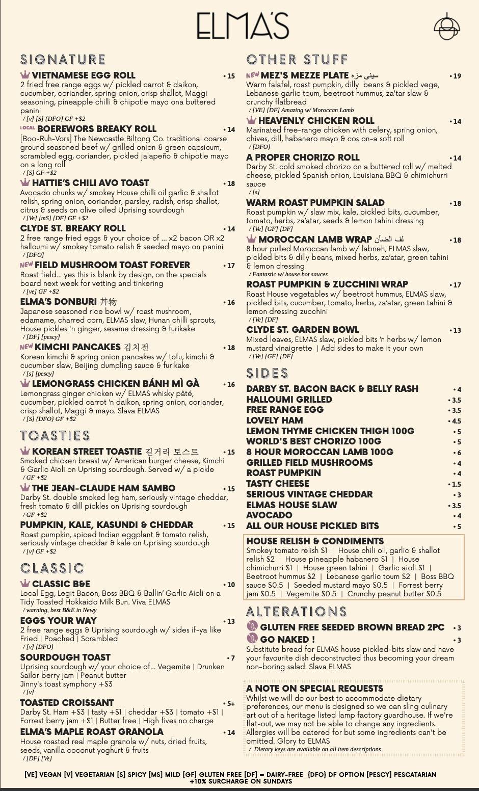 Menu at ELMAS ON CLYDE cafe, Hamilton North