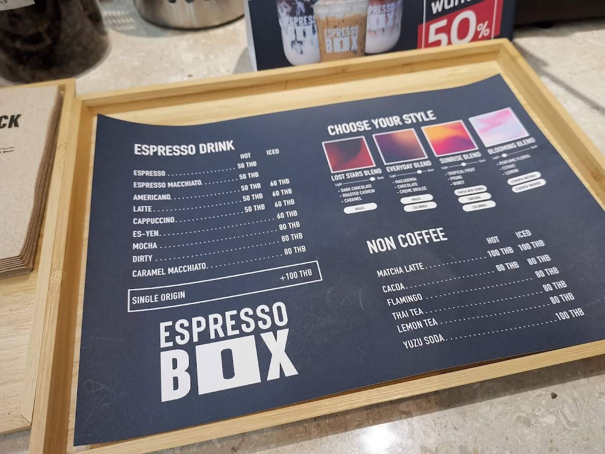 Menu at ESPRESSO BOX cafe, Bangkok