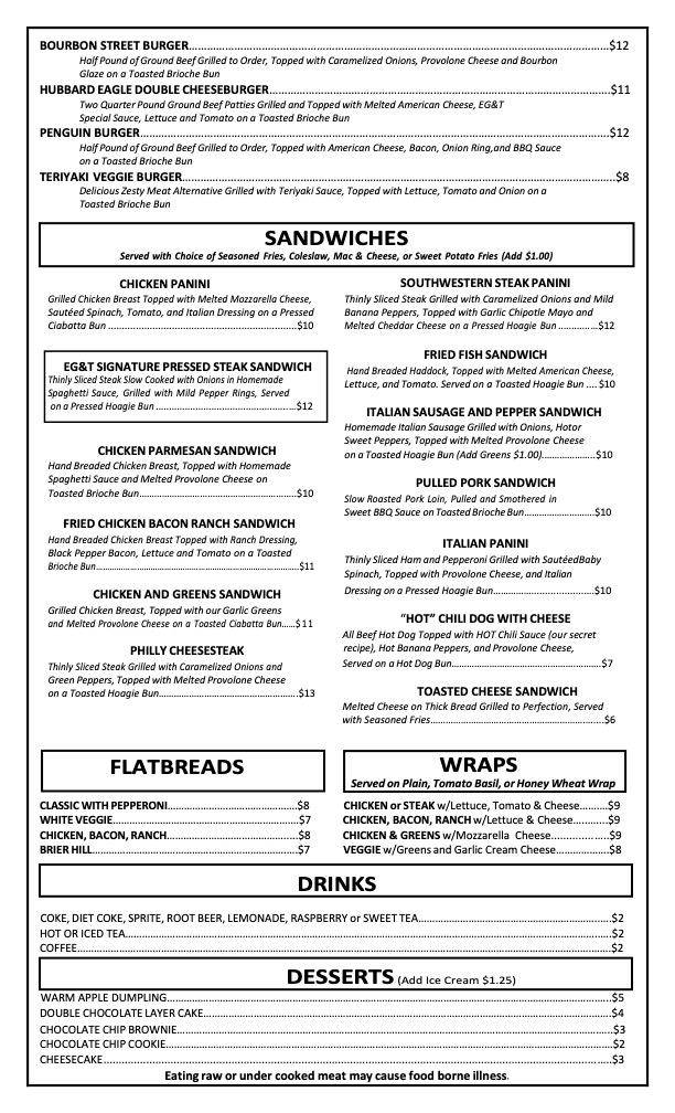Menu at Eagle Grille & Tavern restaurant, Hubbard