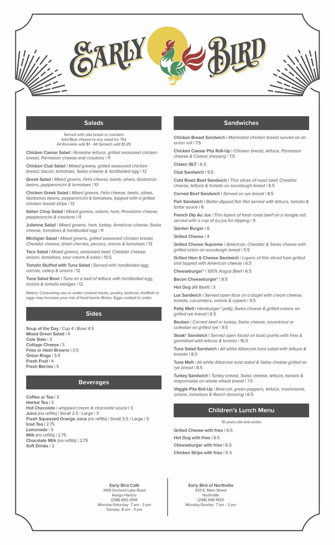 Menu at Early Bird of Northville restaurant, Northville