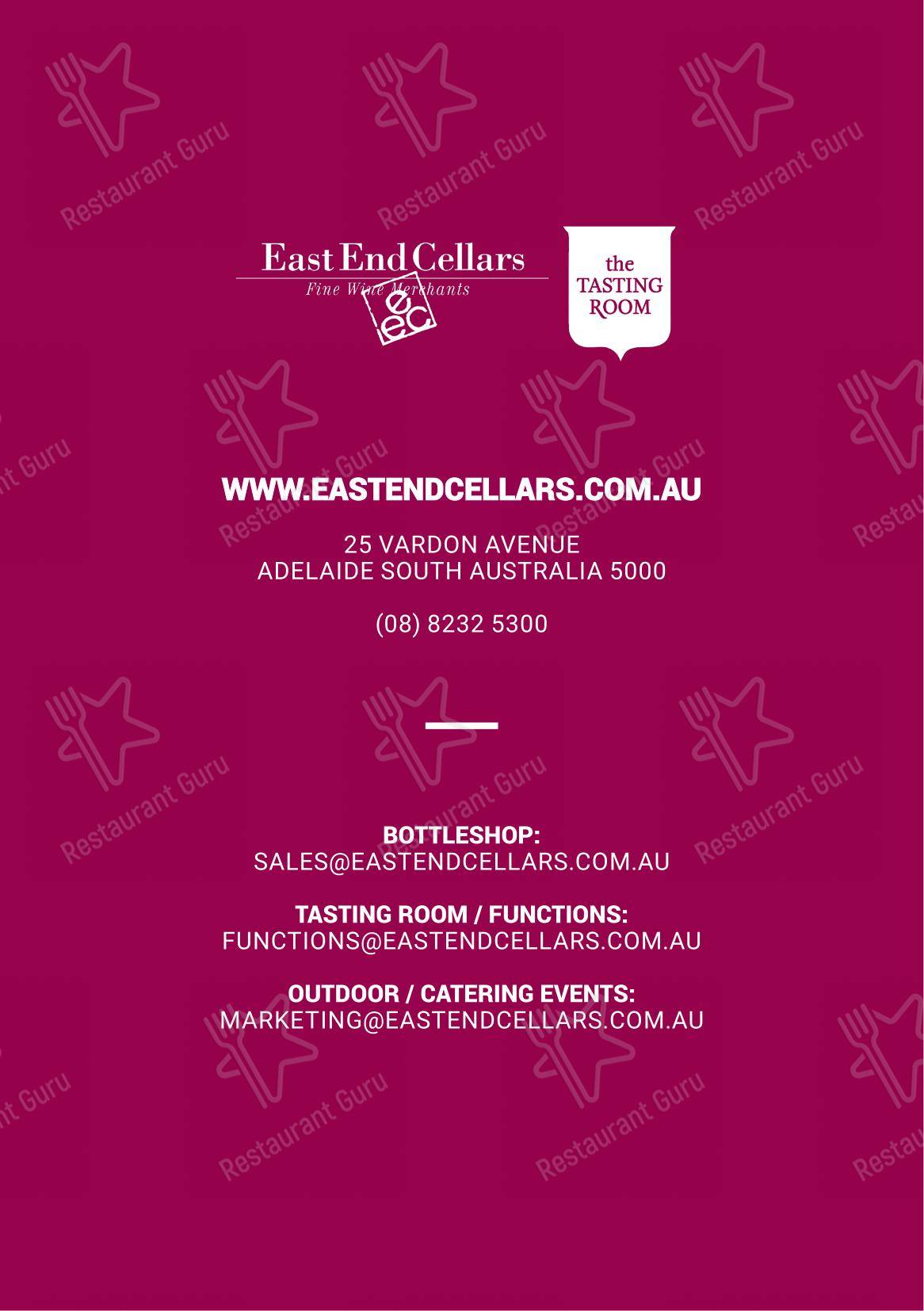 Menu at East End Cellars pub & bar, Adelaide, 25 Vardon Ave