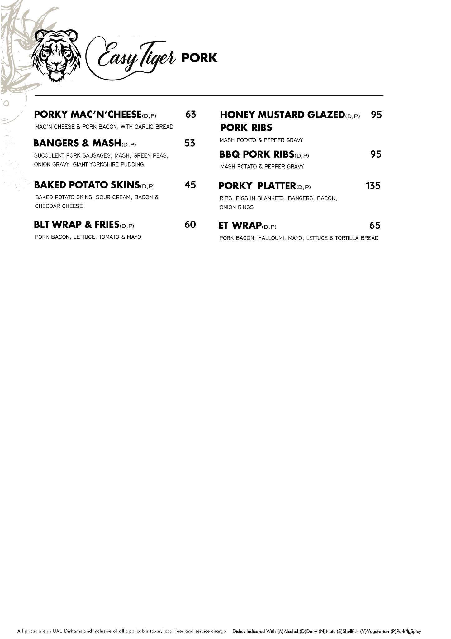 Menu at Easy Tiger pub & bar, Abu Dhabi, Al Ain Palace Hotel - W ...
