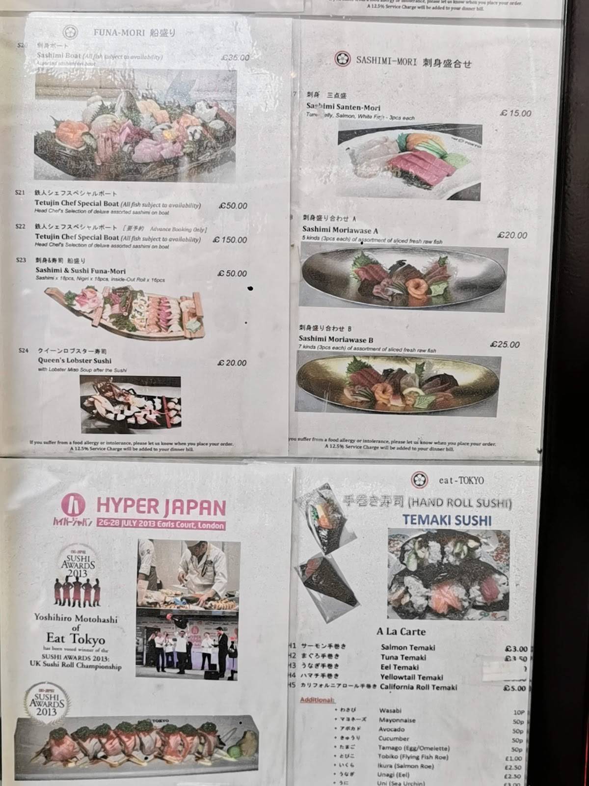 Menu at Eat Tokyo (Soho) restaurant, London, 16 Old Compton St